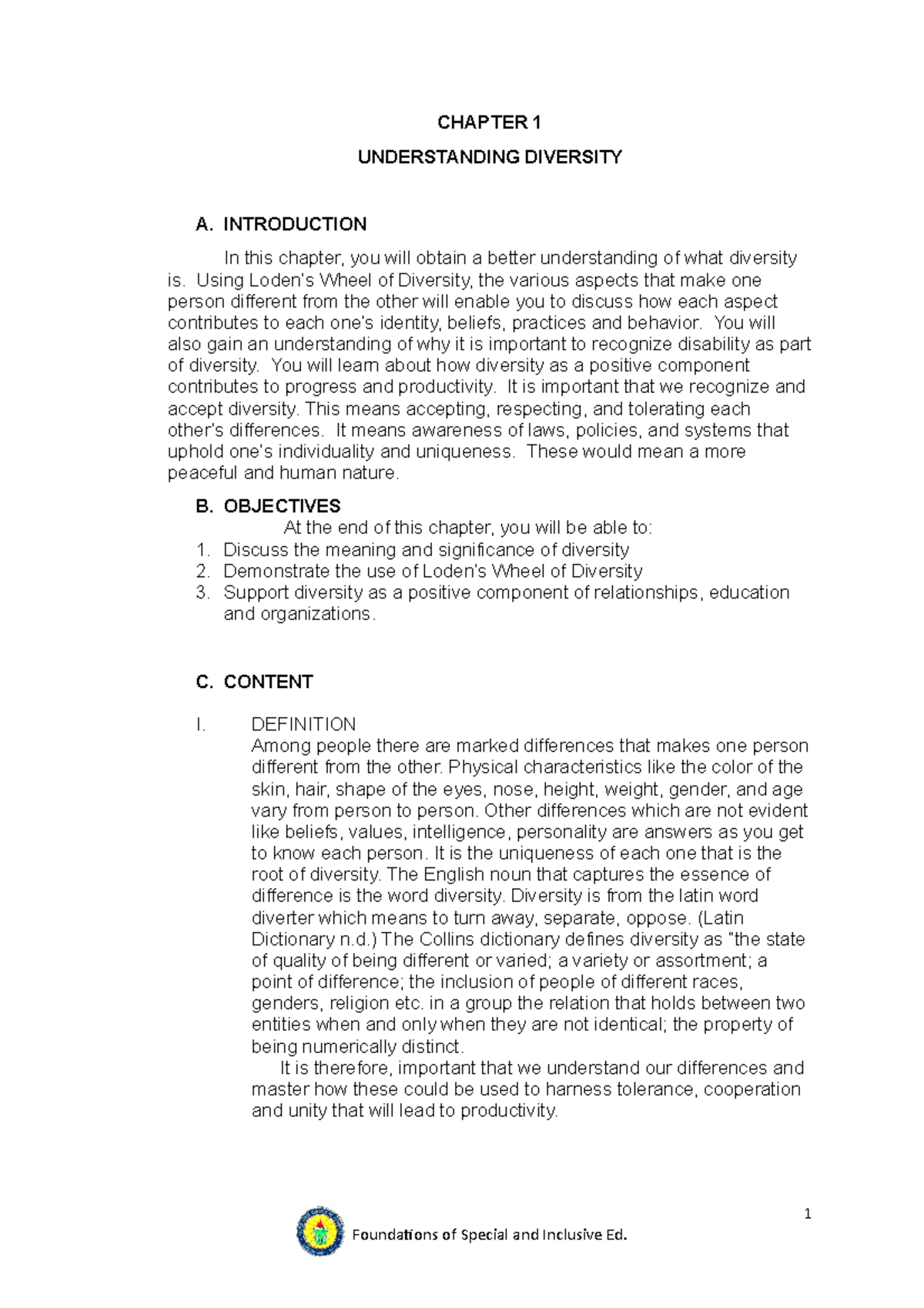 Special and Inclusive Ed - CHAPTER 1 UNDERSTANDING DIVERSITY A ...