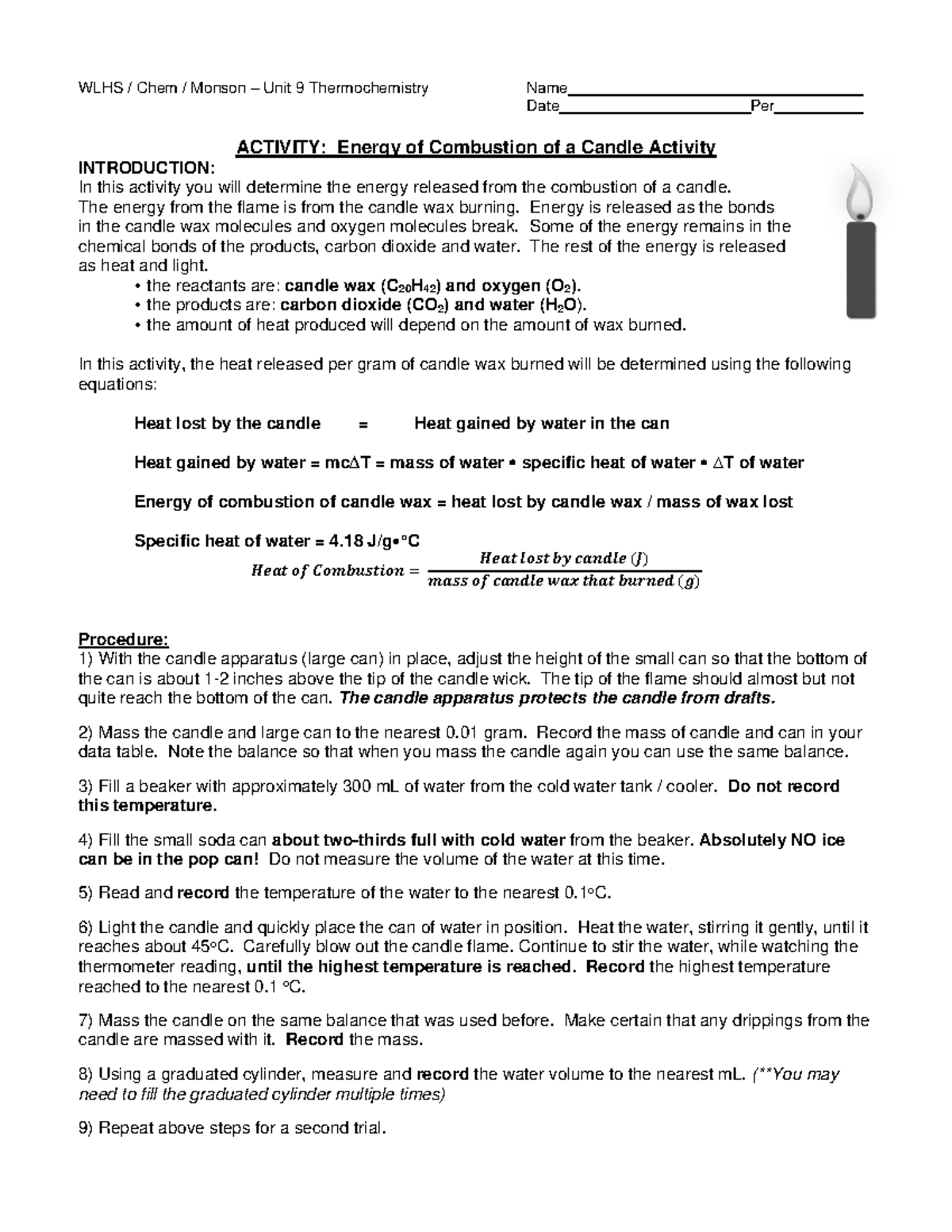 LAB - Combustion of a Candle 2018 - WLHS / Chem / Monson – Unit 9 ...