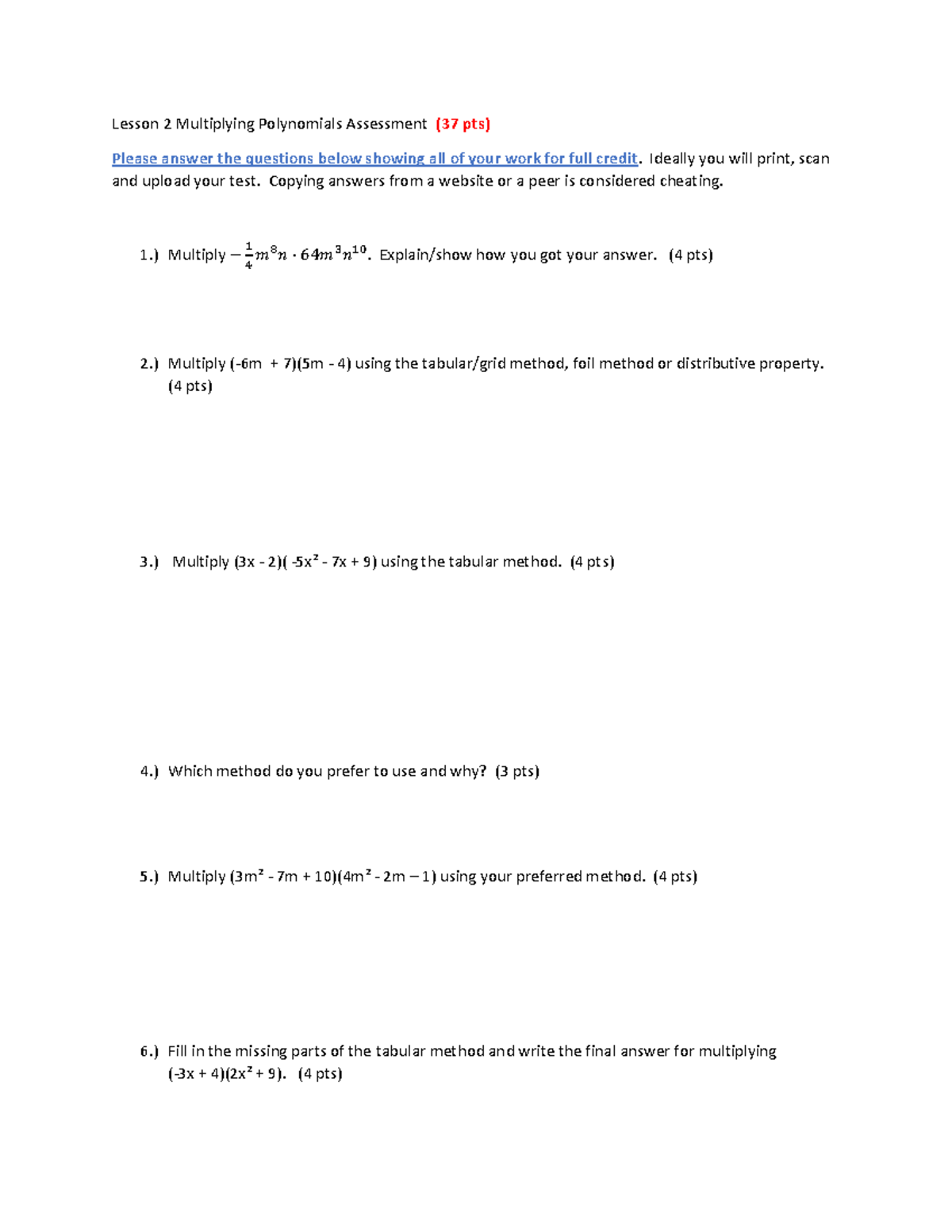 Lesson 2 Multiplying Polynomials Assessment Honors - Studocu