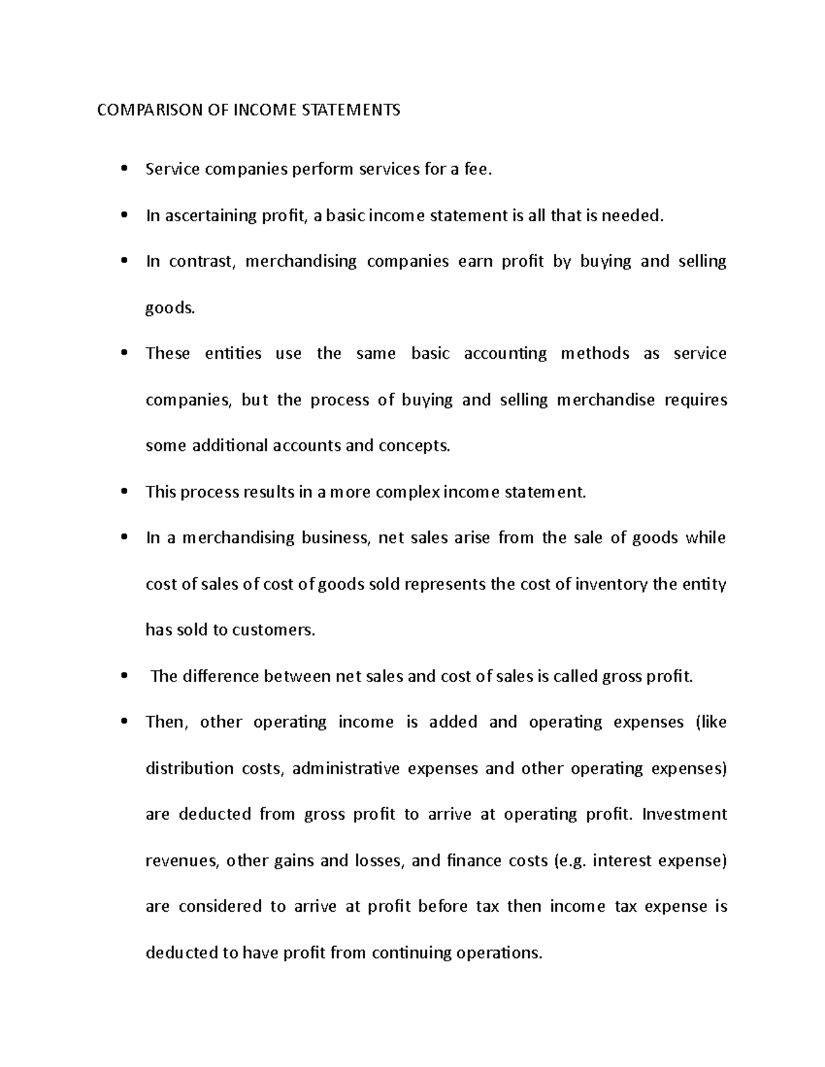 Comparison OF Income Statements - COMPARISON OF INCOME STATEMENTS ...