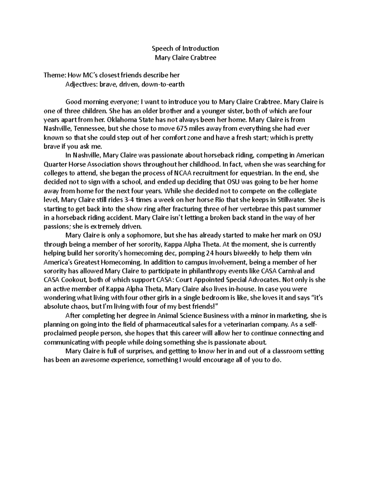 Speech of Introduction - Speech of Introduction Mary Claire Crabtree ...