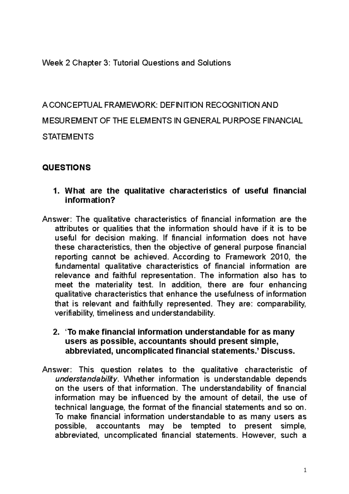 Week 2 Tutorial Questions And Solution Week 2 Chapter 3 Tutorial Questions And Solutions A