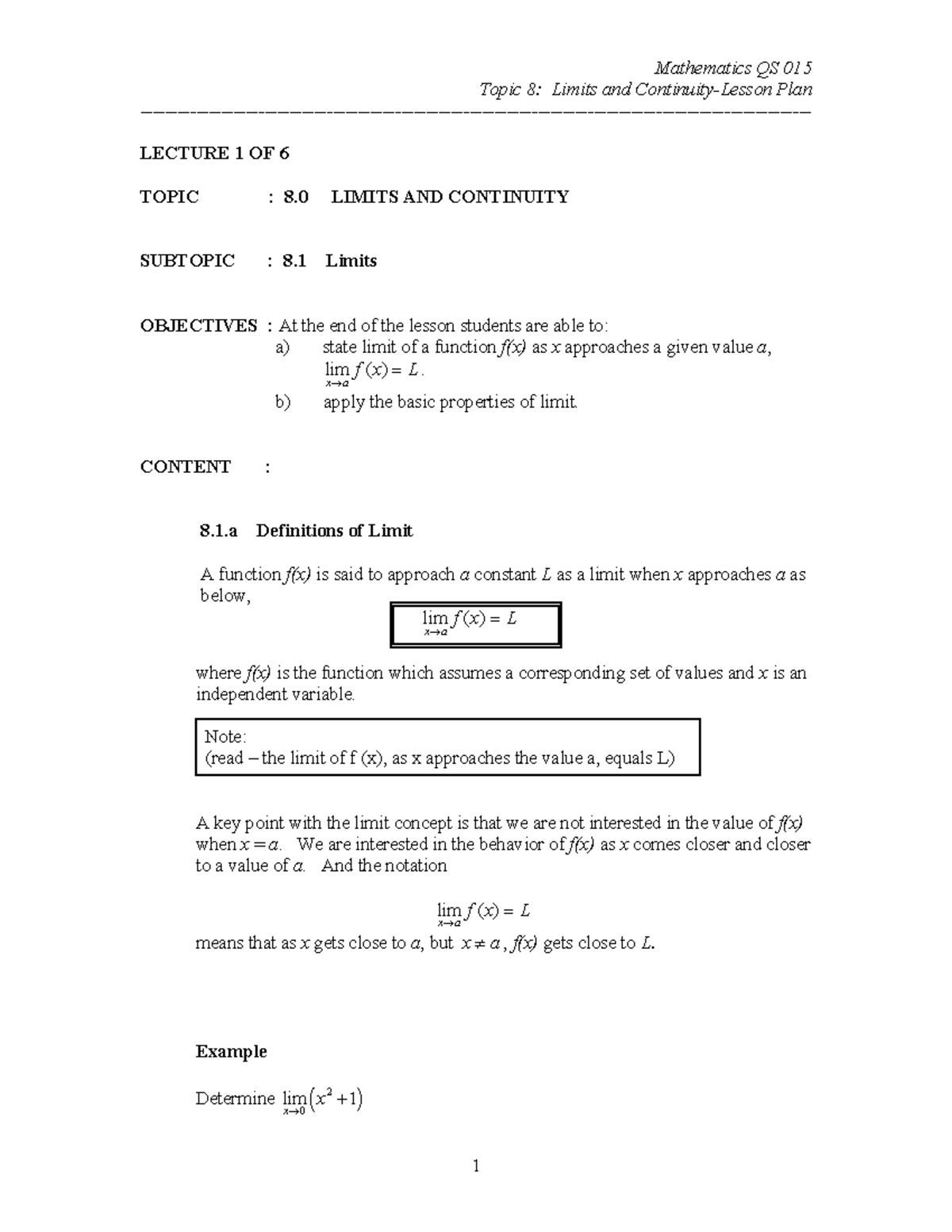 Lesson PLAN Topic 8 QS015 stu - Topic 8: Limits and Continuity-Lesson ...