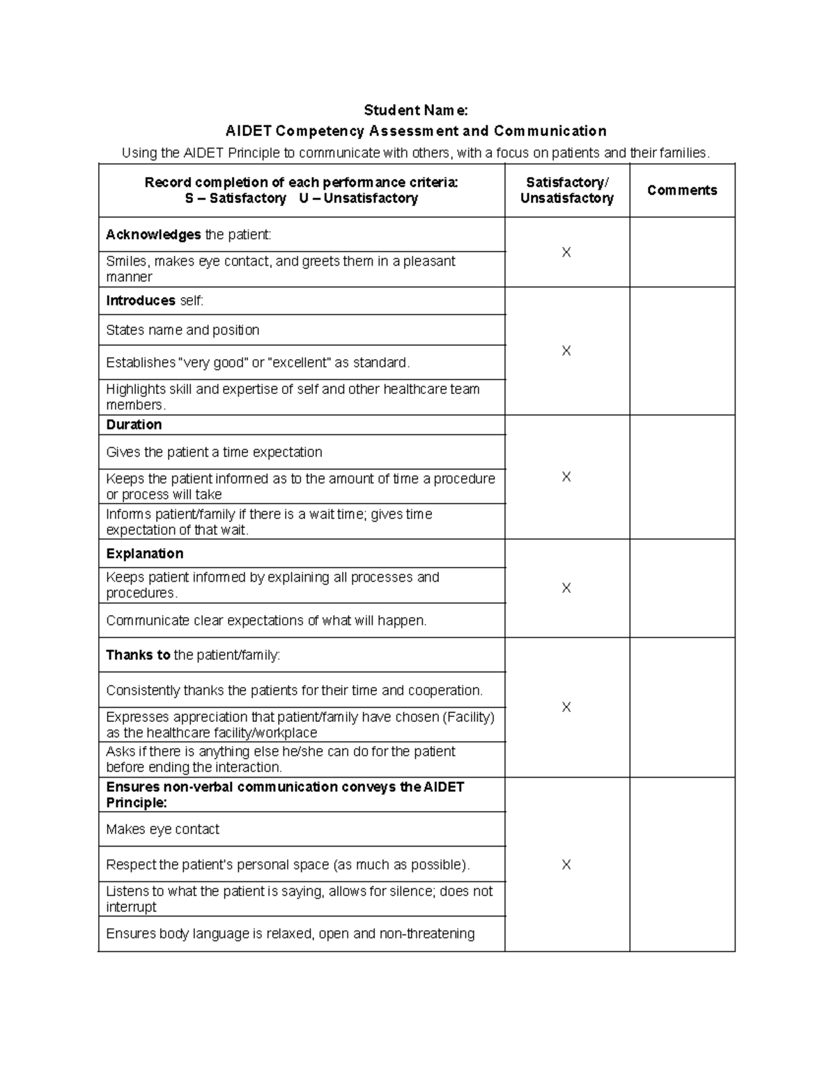 Aidet and VS Assessment Form Modified 09152023 - Student Name: AIDET ...