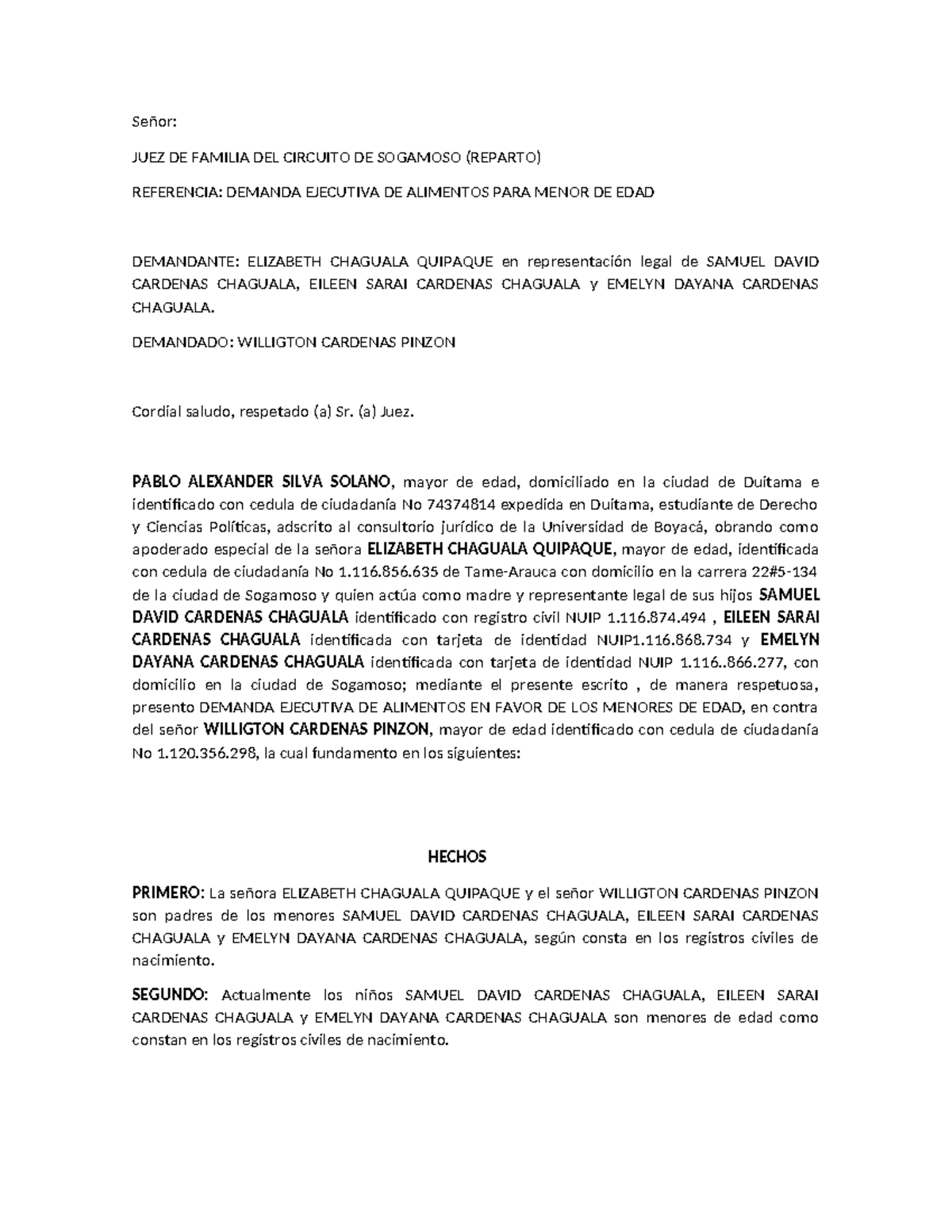 Demanda de alimentos elizabeth chaguala chipaque uno - Señor: JUEZ DE ...