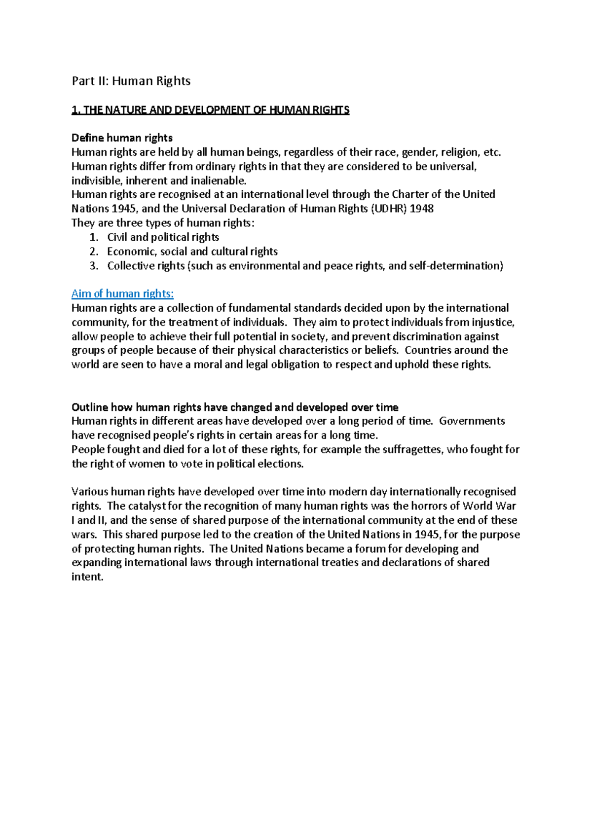 Human Rights Summaries - Part II: Human Rights 1. THE NATURE AND ...