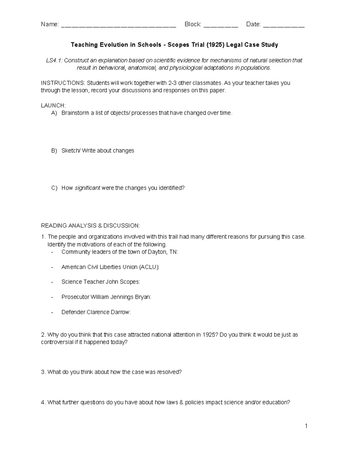 EVSC.LS4.1 - Natural Selection Evolution - Legal Case Study - Monkey Scopes Trial - Name: - Studocu