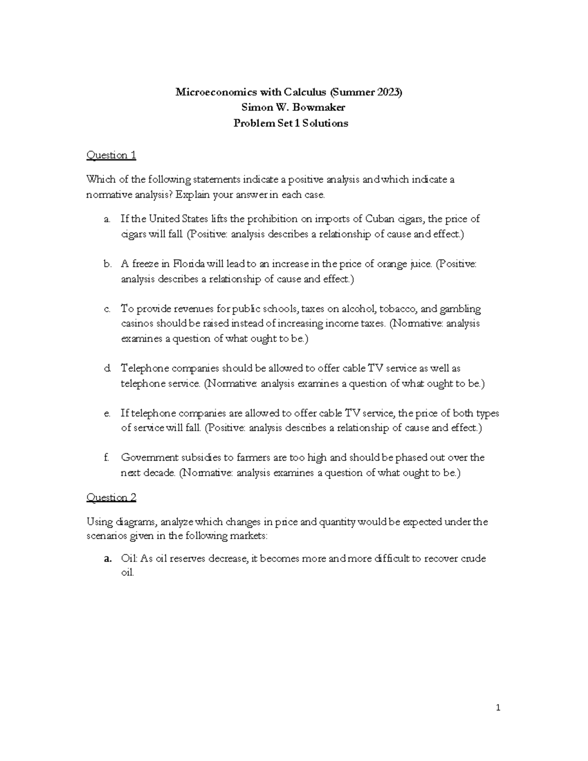 Problem Set 1 (Answers) - Microeconomics with Calculus (Summer 2023) Simon W. Bowmaker Problem ...