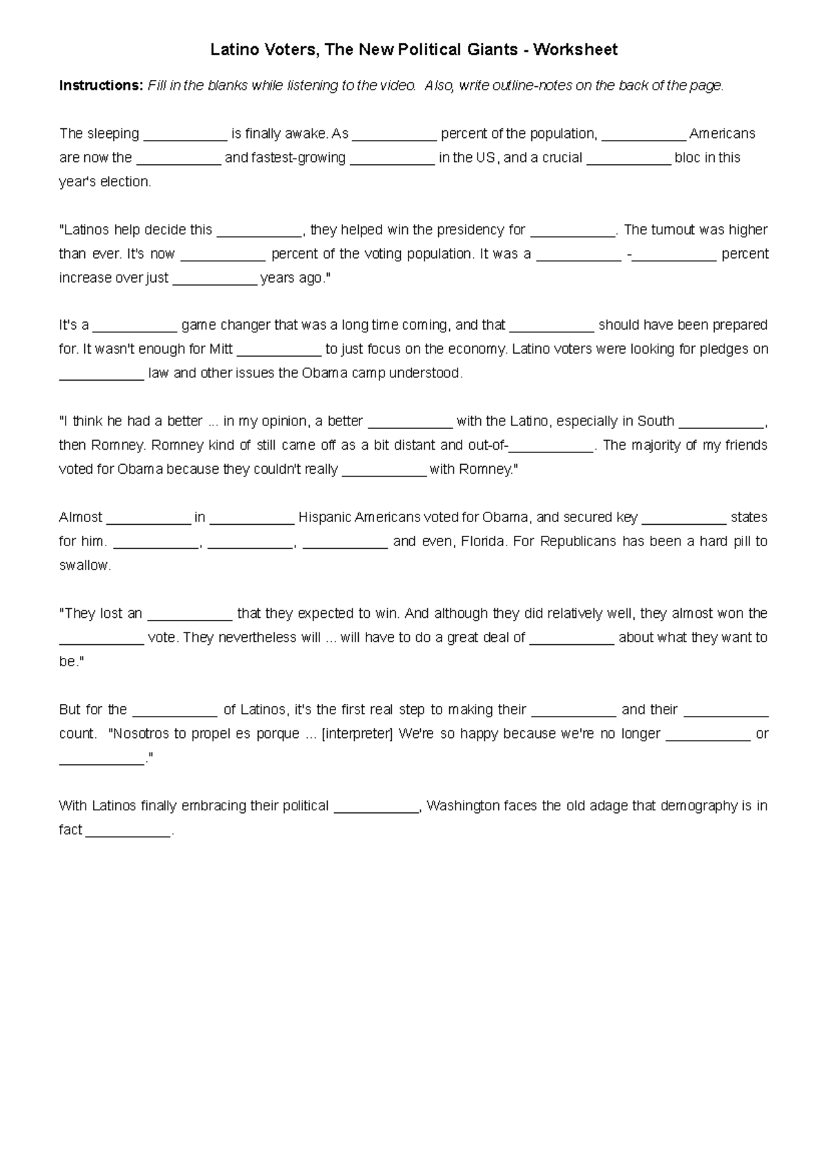 Latino Voters The New Political Giants - Worksheet - Latino Voters, The ...