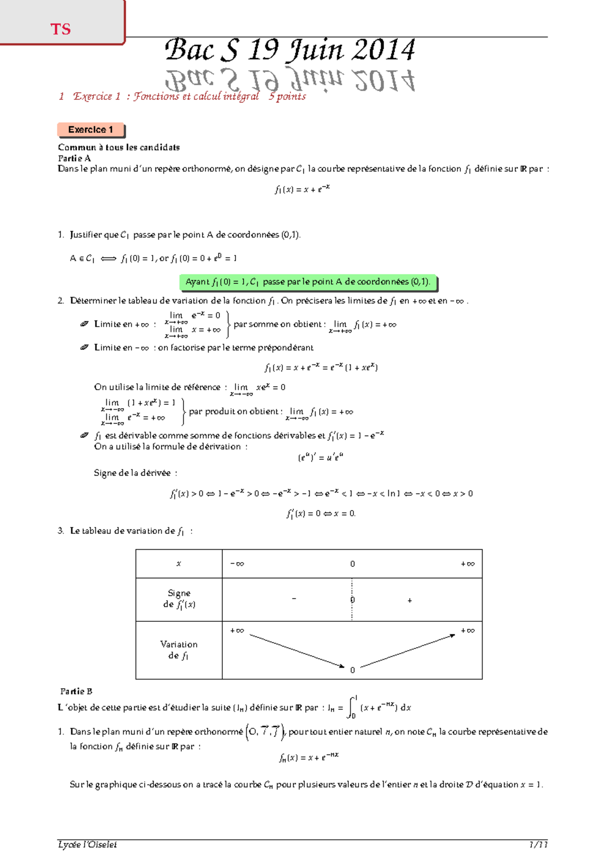 Bac S 19 juin 2014 corrige - TS Bac S 19 Juin 2014 Bac S 19 Juin 2014 1 Exercice 1 : Fonctions ...