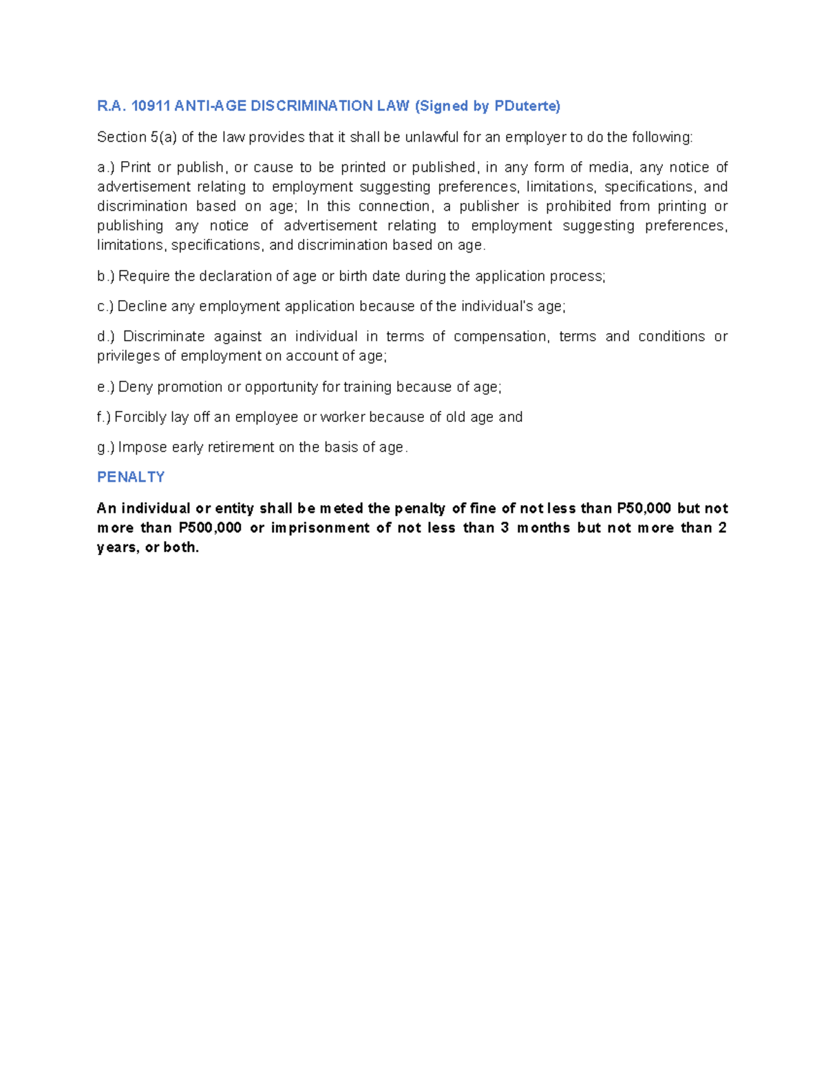 Labor Law 7 - R. 10911 ANTI-AGE DISCRIMINATION LAW (Signed by PDuterte ...