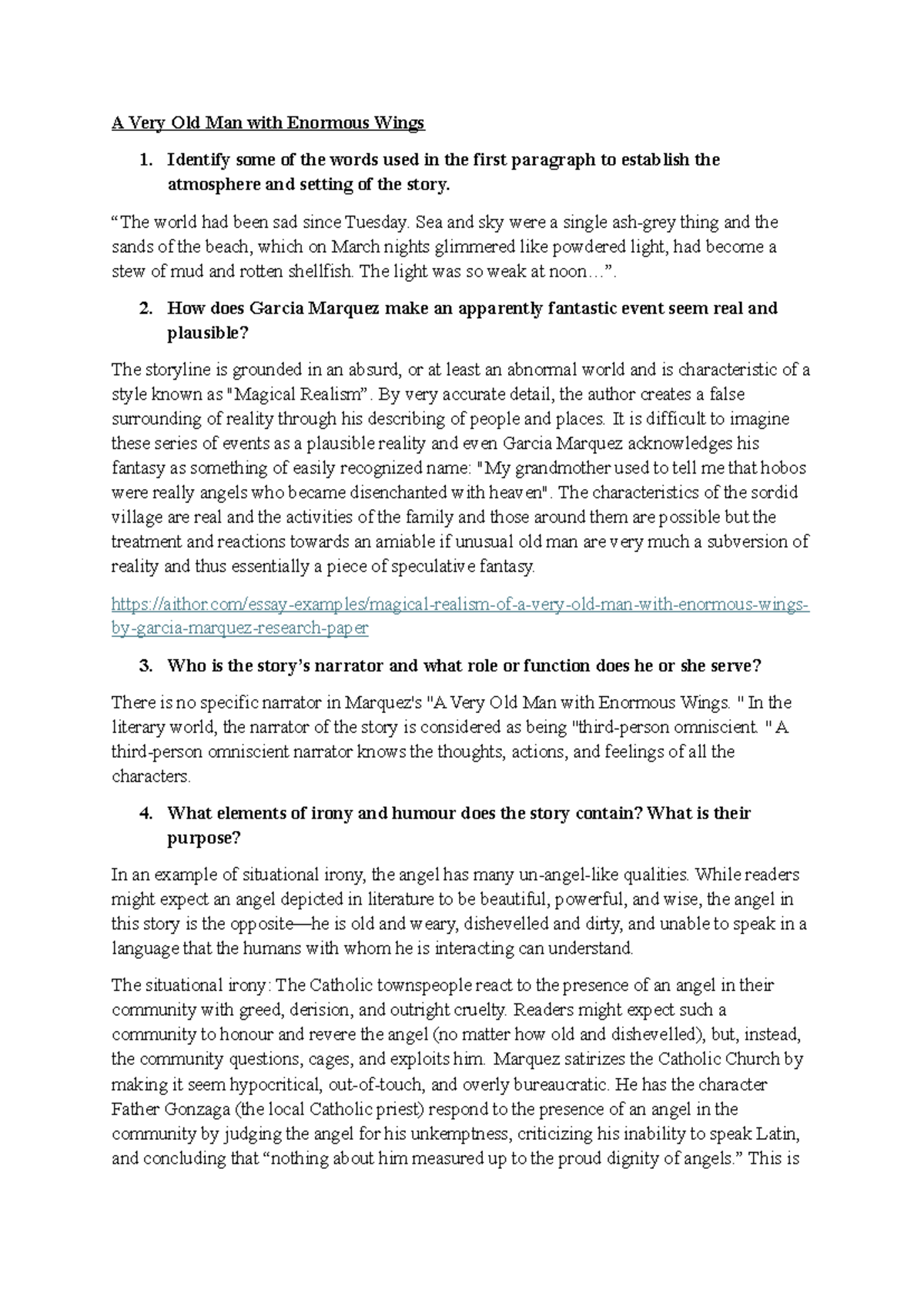 A Very Old Man with Enormous Wings - Identify some of the words used in ...