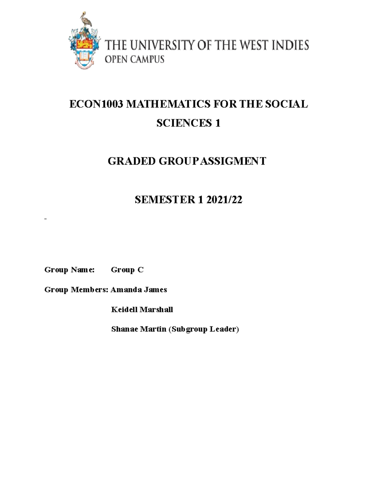 ECON1003 Group C Assignment - ECON1003 MATHEMATICS FOR THE SOCIAL ...