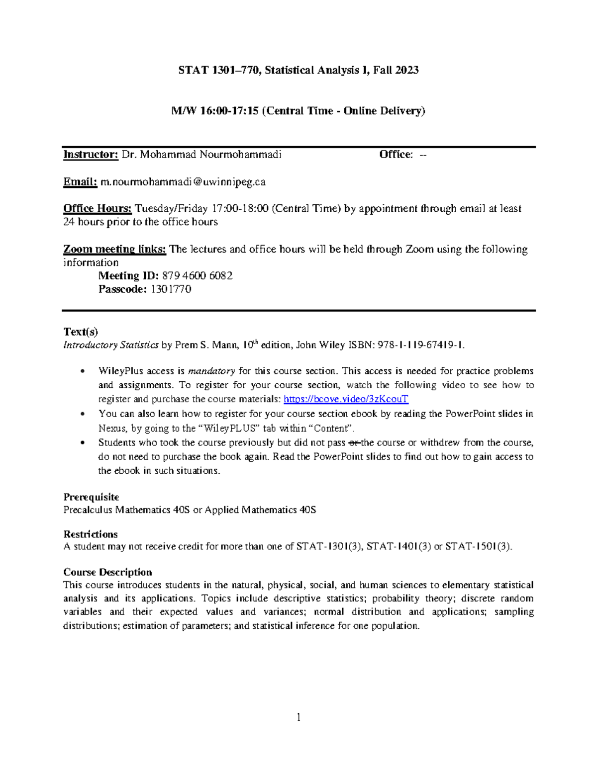 Stats 1301-770 23F MNourmohammadi - STAT 1301– 770 , Statistical Analysis I, Fall 2023 M/W - Studocu