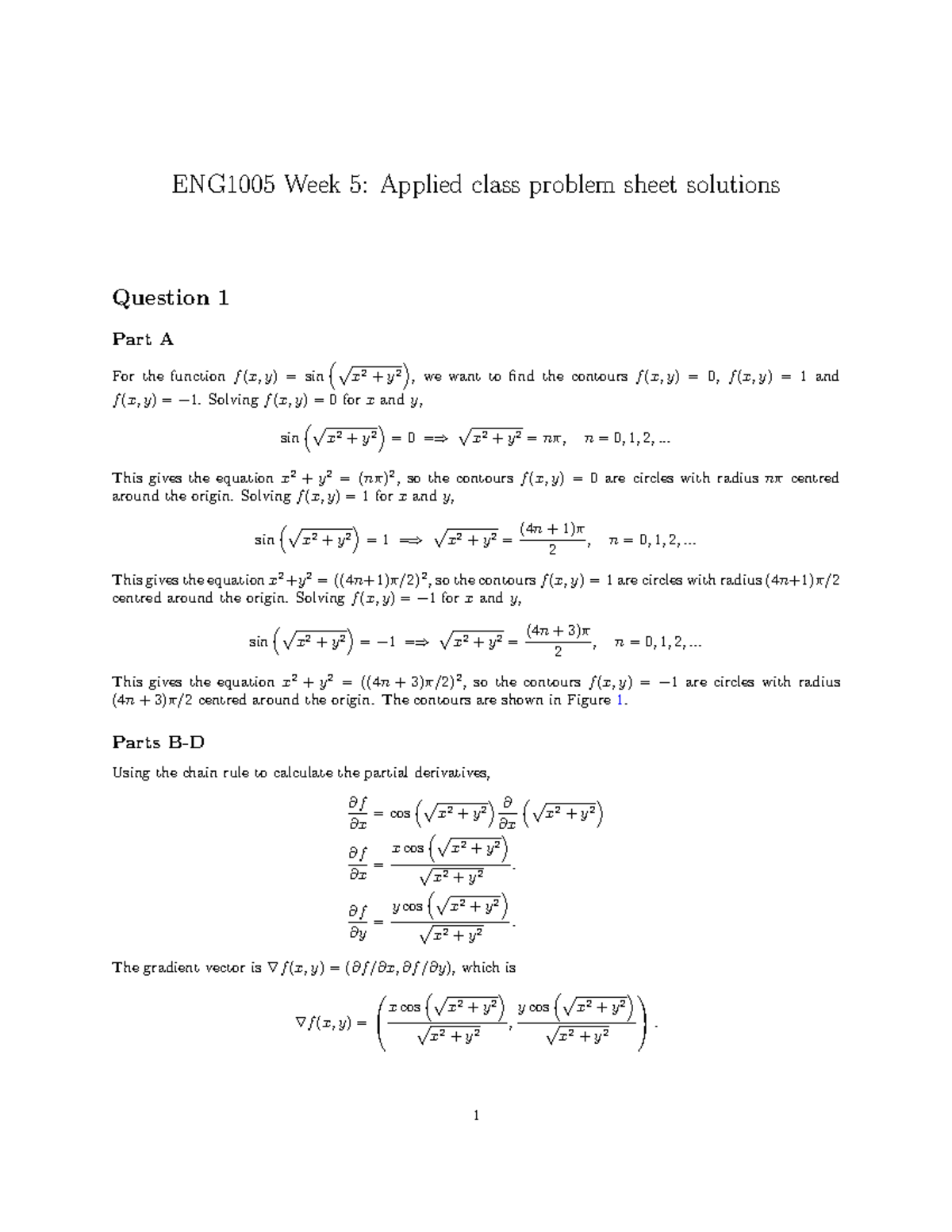 Multivariable Calculus I Solutions Eng1005 Week 5 Applied Class Problem Sheet Solutions
