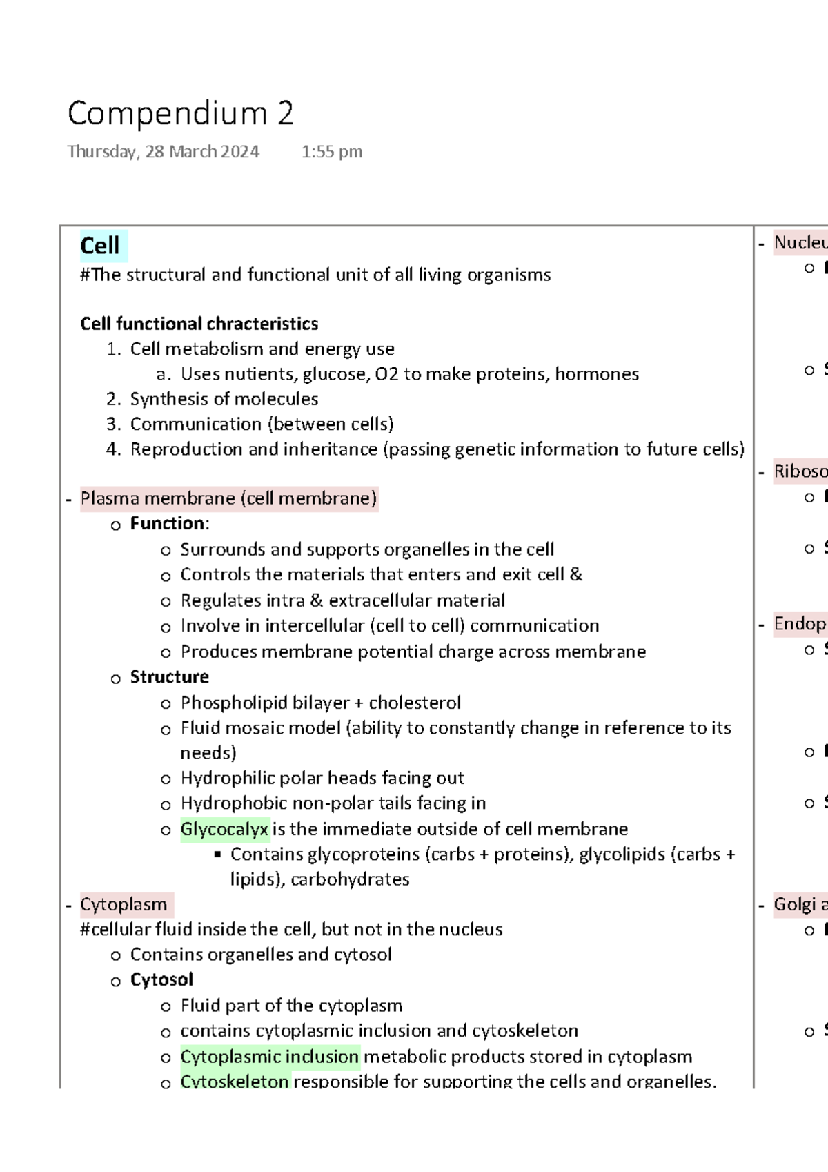 Compendium 2 - Summary Human Structure and Function - Cell #The structural and functional unit ...