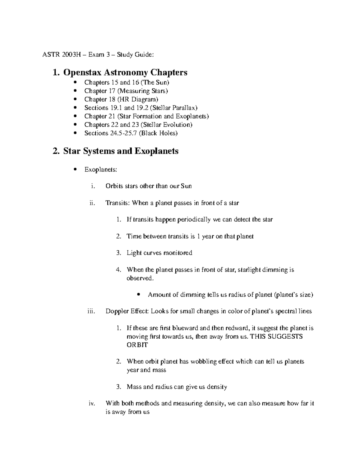 ASTR 2003 H Test 3 study guide - ASTR 2003H – Exam 3 – Study Guide: 1 ...
