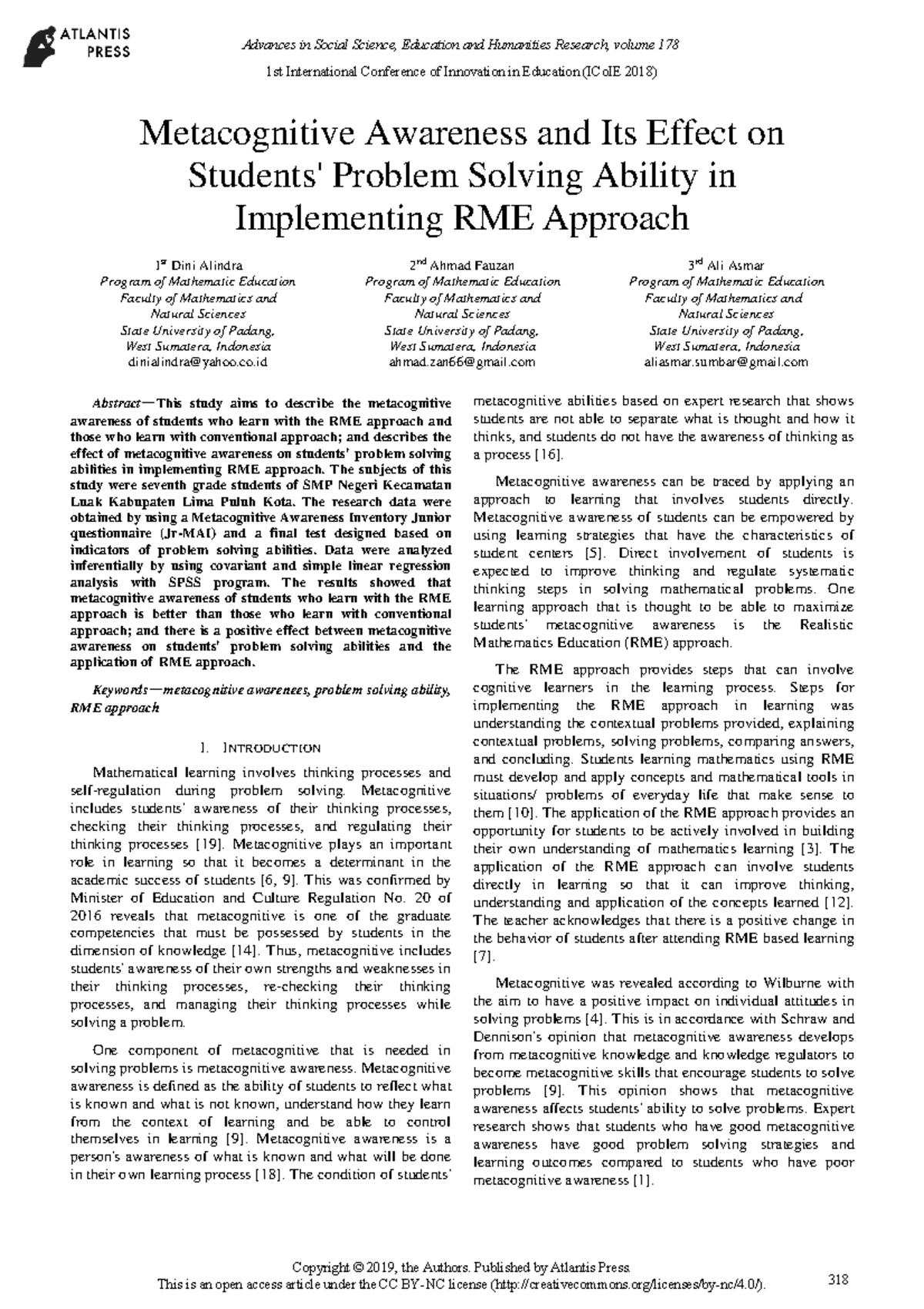 Metacognitive Awareness and Its Effect on Students' - co 2 nd Ahmad Fauzan Program of Mathematic ...