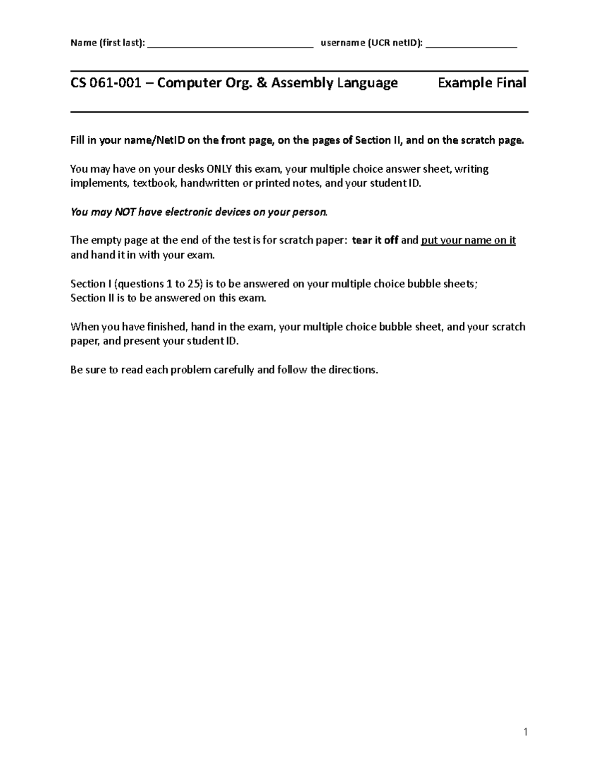 Cs061 example final-1 1 - Name (first last ...