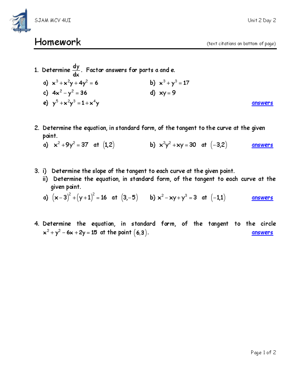 MCV4UI 2-2 - Homework - Calc HW - SJAM MCV 4UI Unit 2 Day 2 Page 1 of 2 ...