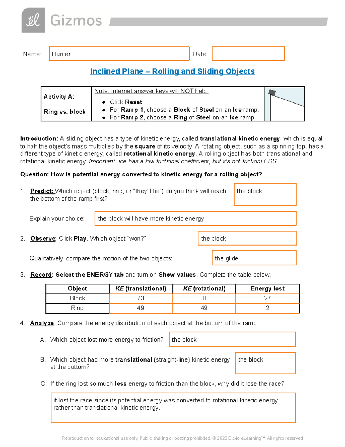 Inclined Plane Rolling - Name: Hunter Date: Inclined Plane – Rolling ...
