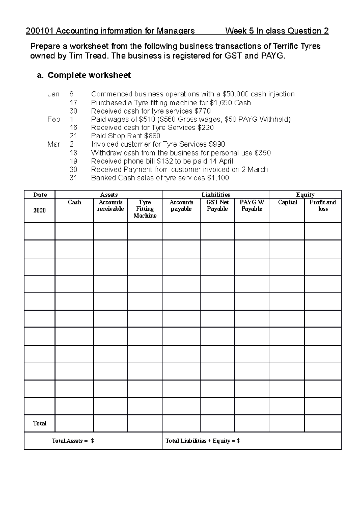 Week 5 Tutorial Question 2(1) - 200101 Accounting information for Managers Week 5 In class ...
