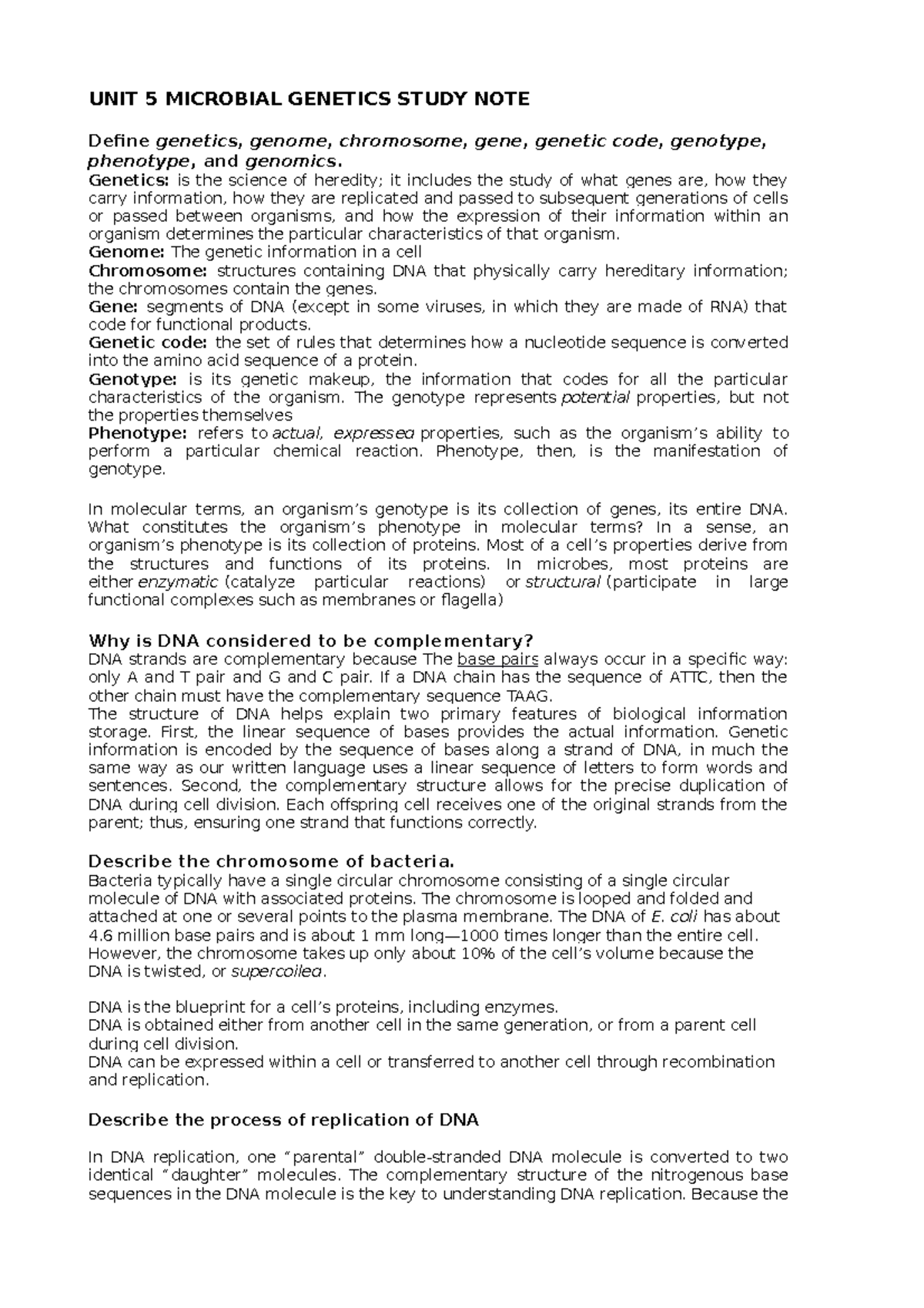 Study - summary - UNIT 5 MICROBIAL GENETICS STUDY NOTE Define genetics ...