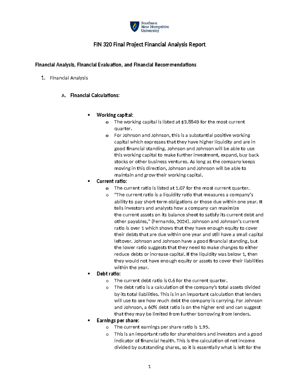 FIN 320 Final Project Financial Analysis Report Sarah Kelly - FIN 320 ...