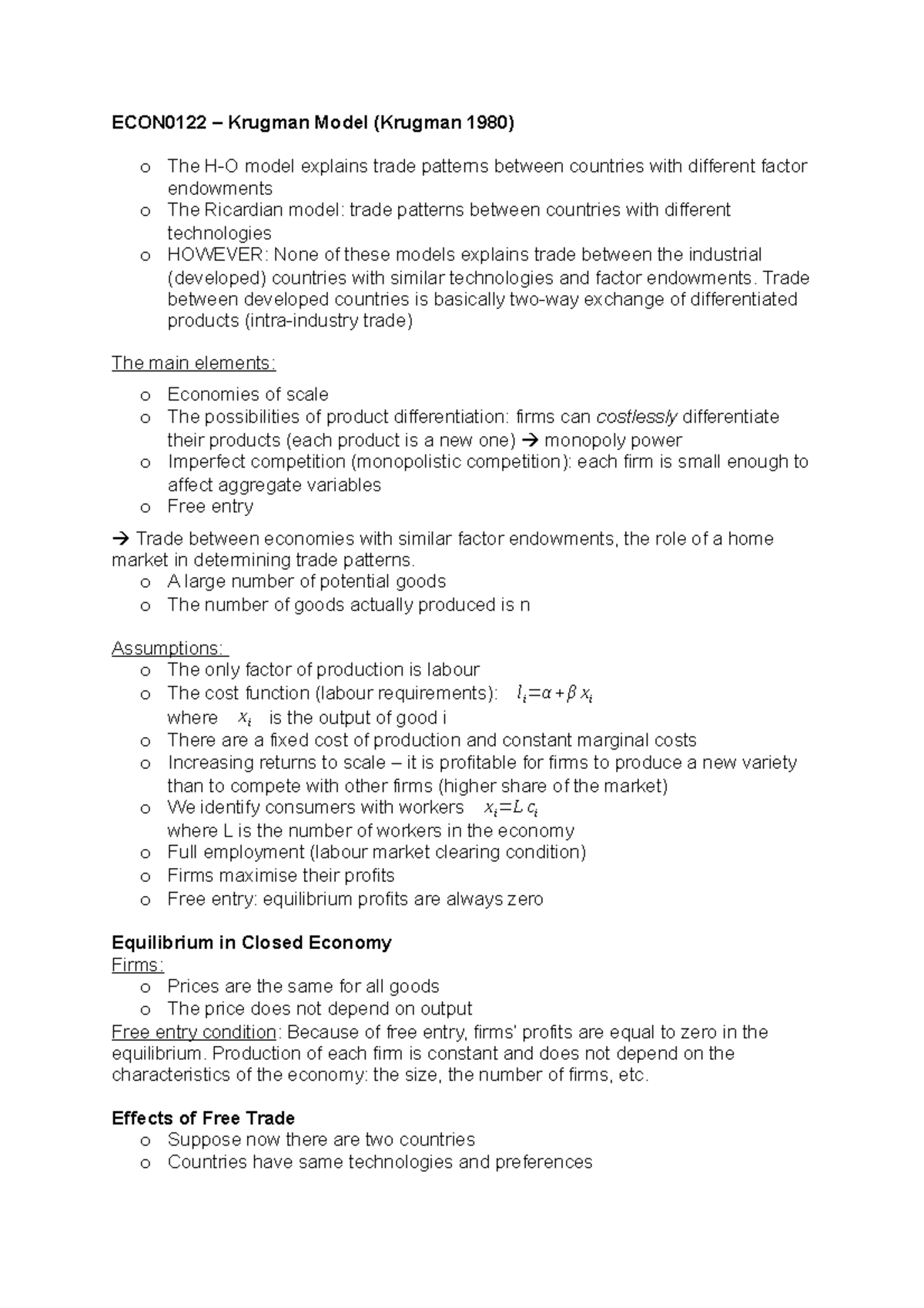 Krugman Model - extra notes - ECON0122 – Krugman Model (Krugman 1980) o ...