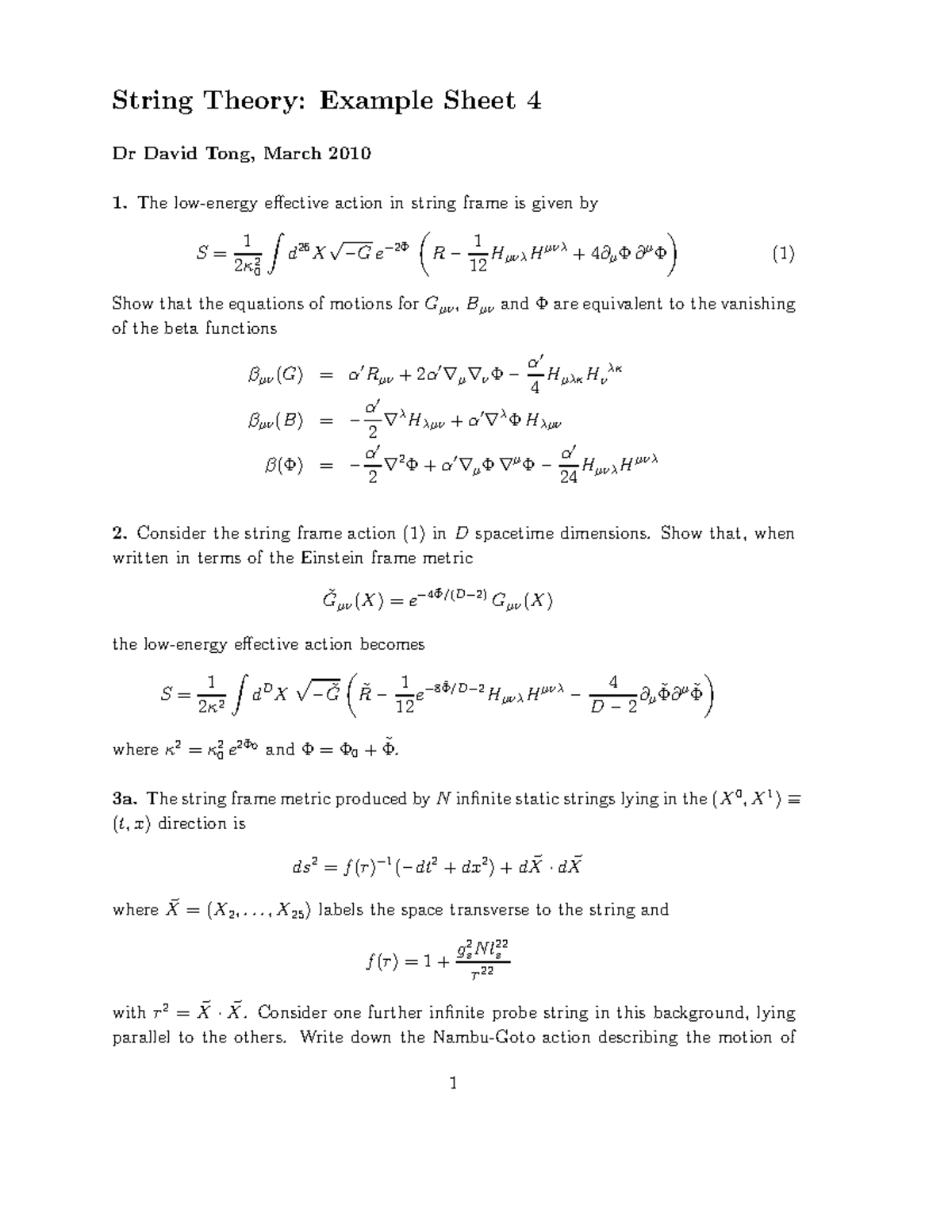 String Theory 2009 2010 Example Sheet 4 Background Fields String Theory Example Sheet 4 Dr