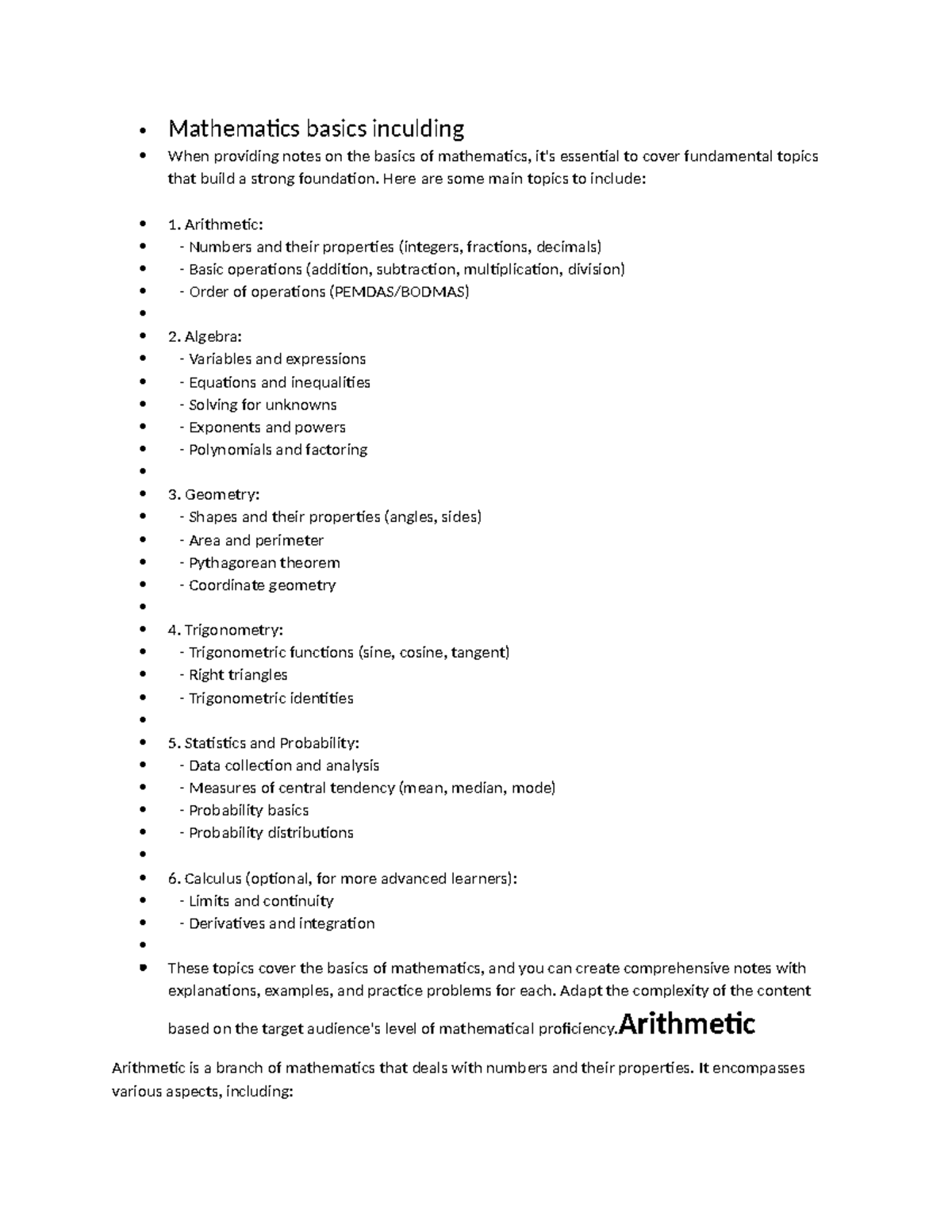 Basics of mathematics - Here are some main topics to include: 1 ...