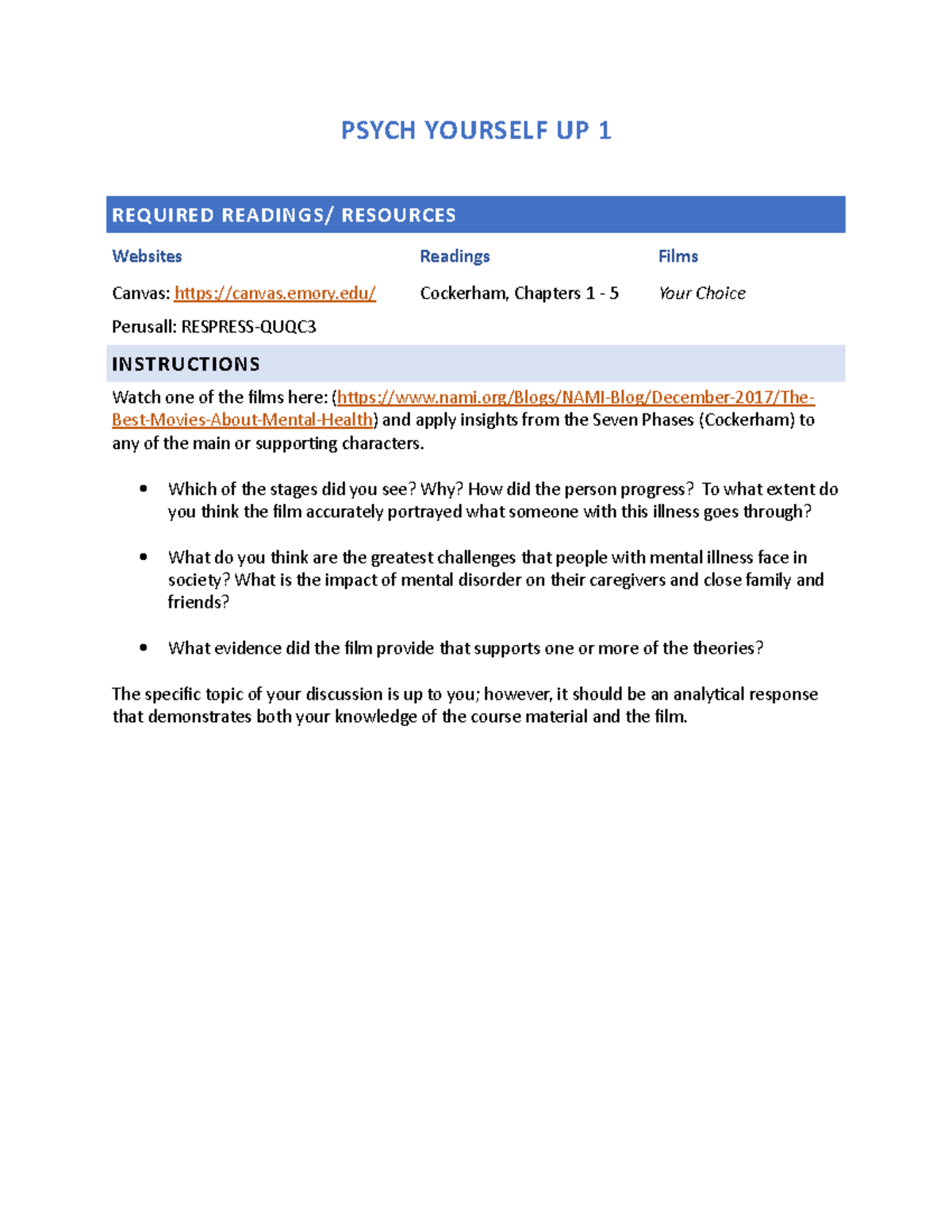 PYU 1 - hw - PSYCH YOURSELF UP 1 REQUIRED READINGS/ RESOURCES Websites ...