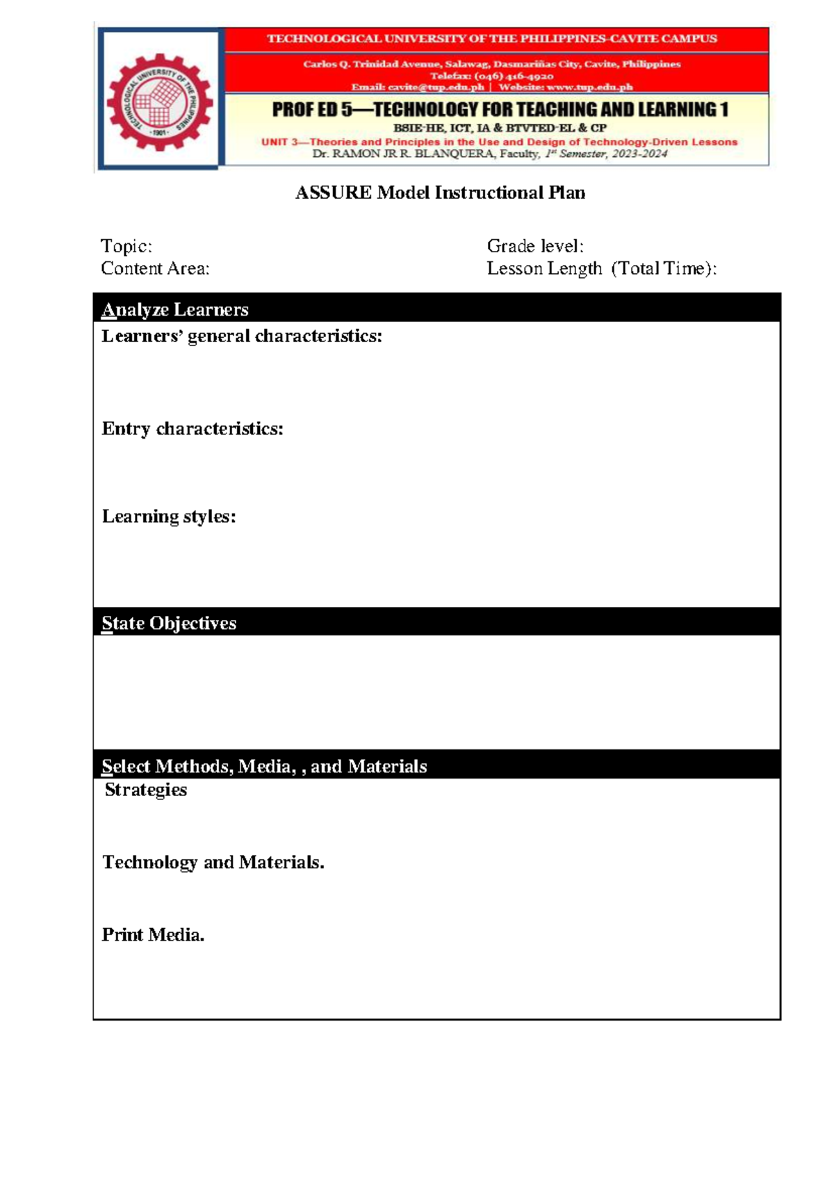 Assure Learning PLAN - BS Secondary Education - ASSURE Model Instructional Plan Topic: Grade ...