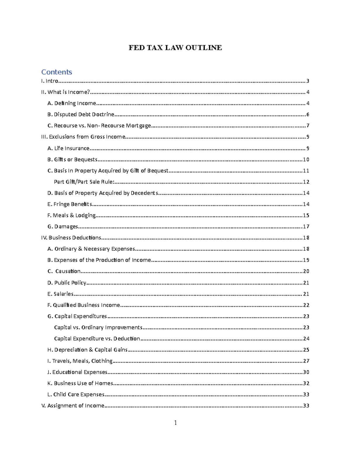 Tax Law Outline - Outine - FED TAX LAW OUTLINE Contents I. - Studocu