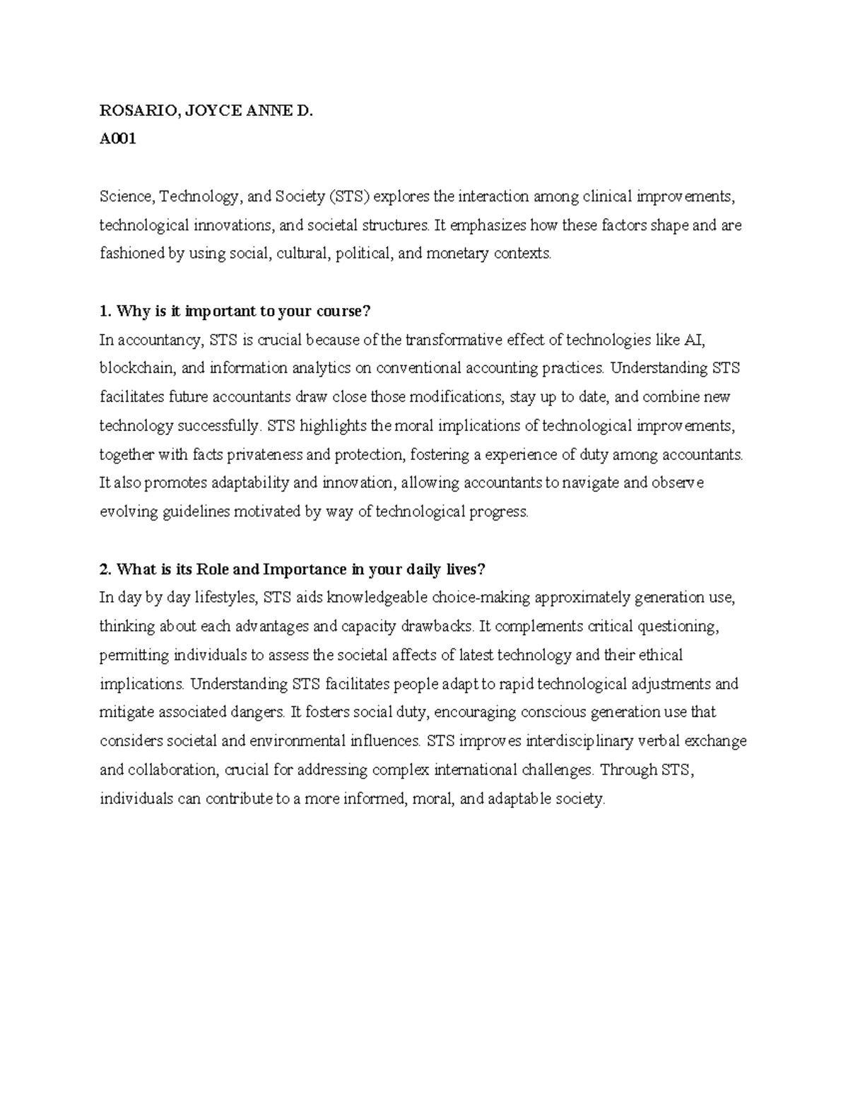 STS. act 1 - activity - ROSARIO, JOYCE ANNE D. A Science, Technology ...
