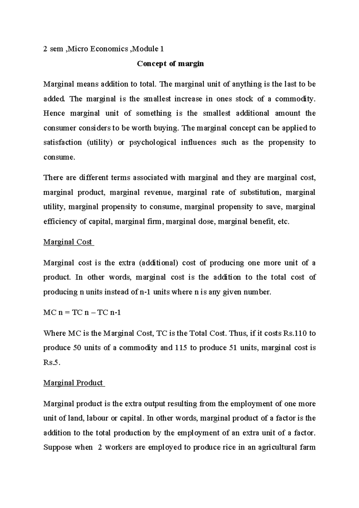 Concept of margin - Lecture notes - 2 sem ,Micro Economics ,Module 1 ...
