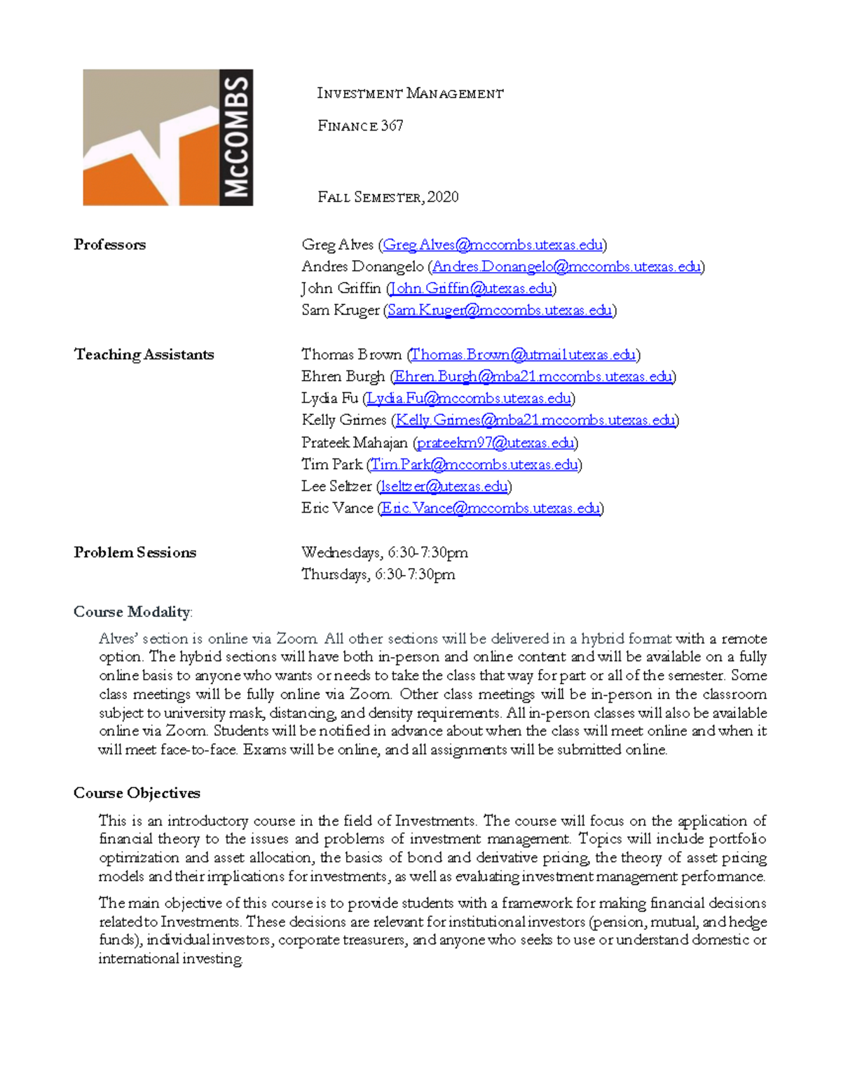 Syllabus - INVESTMENT MANAGEMENT FINANCE 367 FALL SEMESTER, 2020 ...