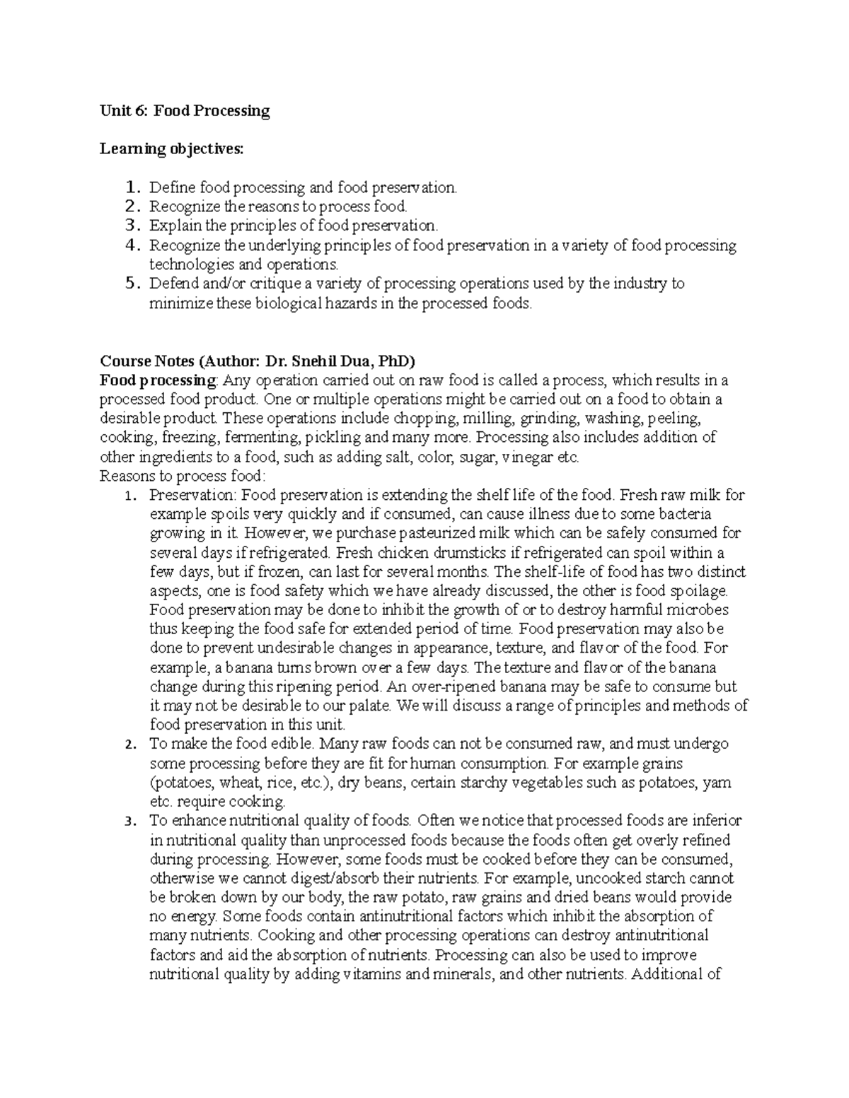 Unit 6 Notes - Unit 6: Food Processing Learning objectives: Define food ...