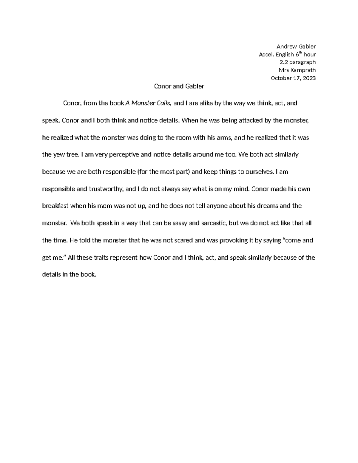 2 - novel portfolio - Andrew Gabler Accel. English 6th hour 2 paragraph ...