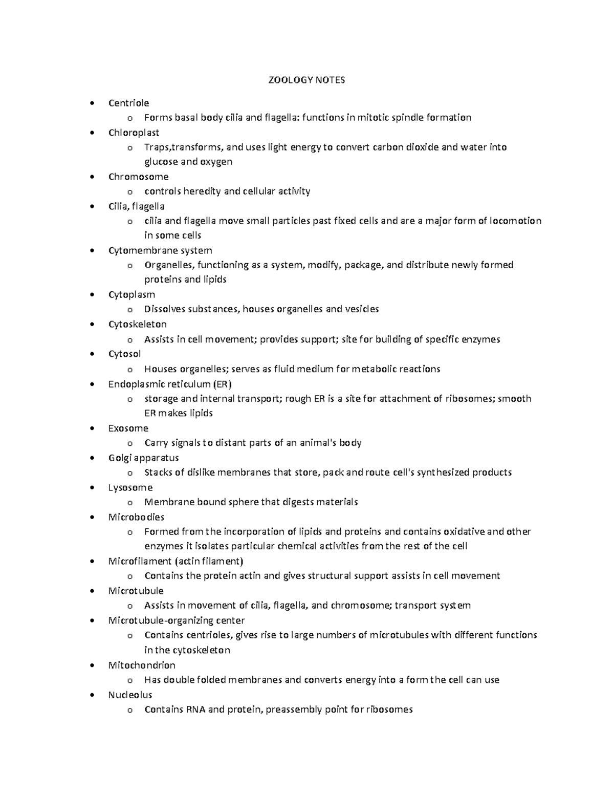 Zoology Notes 02 - ZOOLOGY NOTES Centriole o Forms basal body cilia and ...
