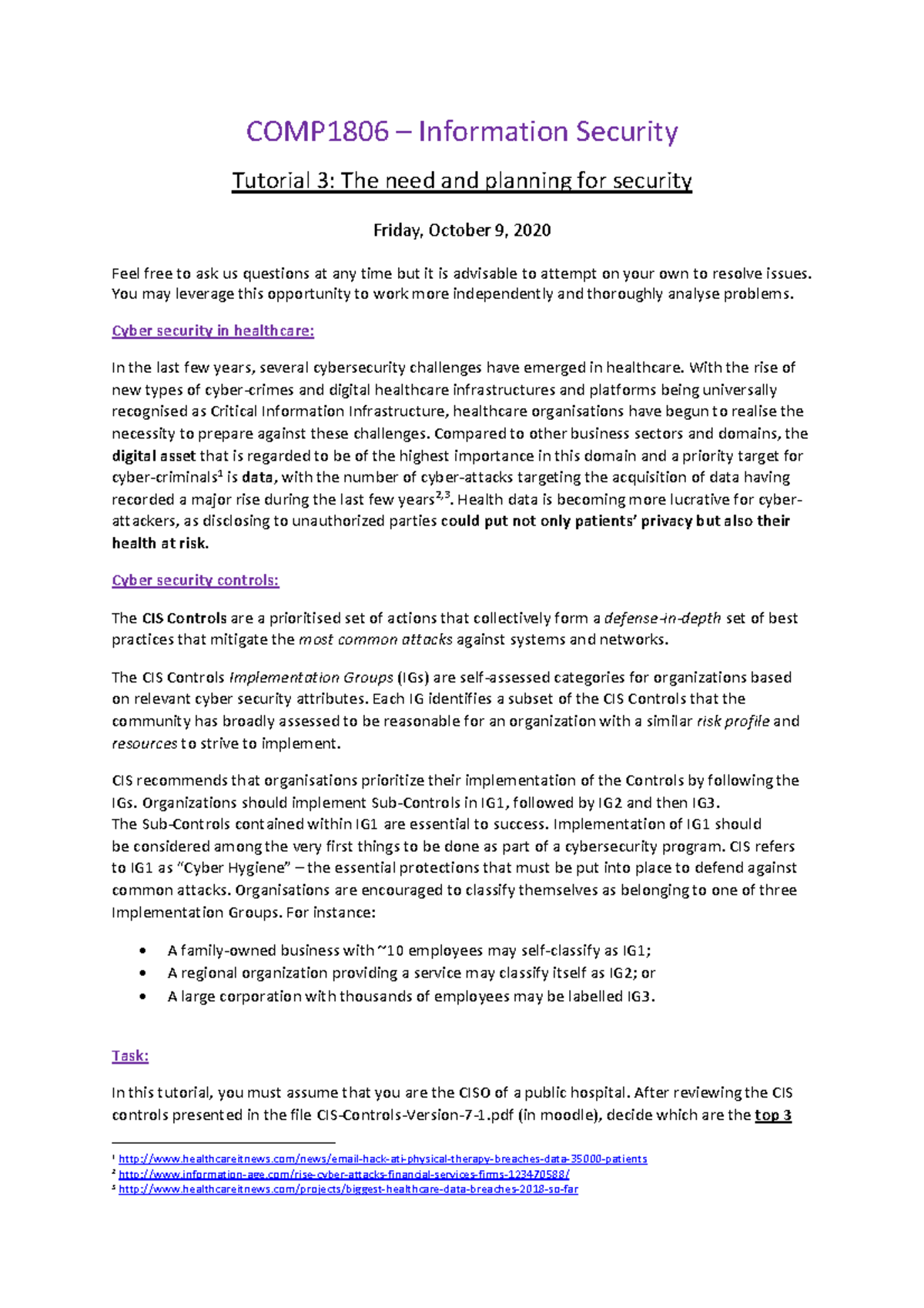 COM1806 Tutorial 3 - COMP1806 – Information Security Tutorial 3: The need and planning for ...