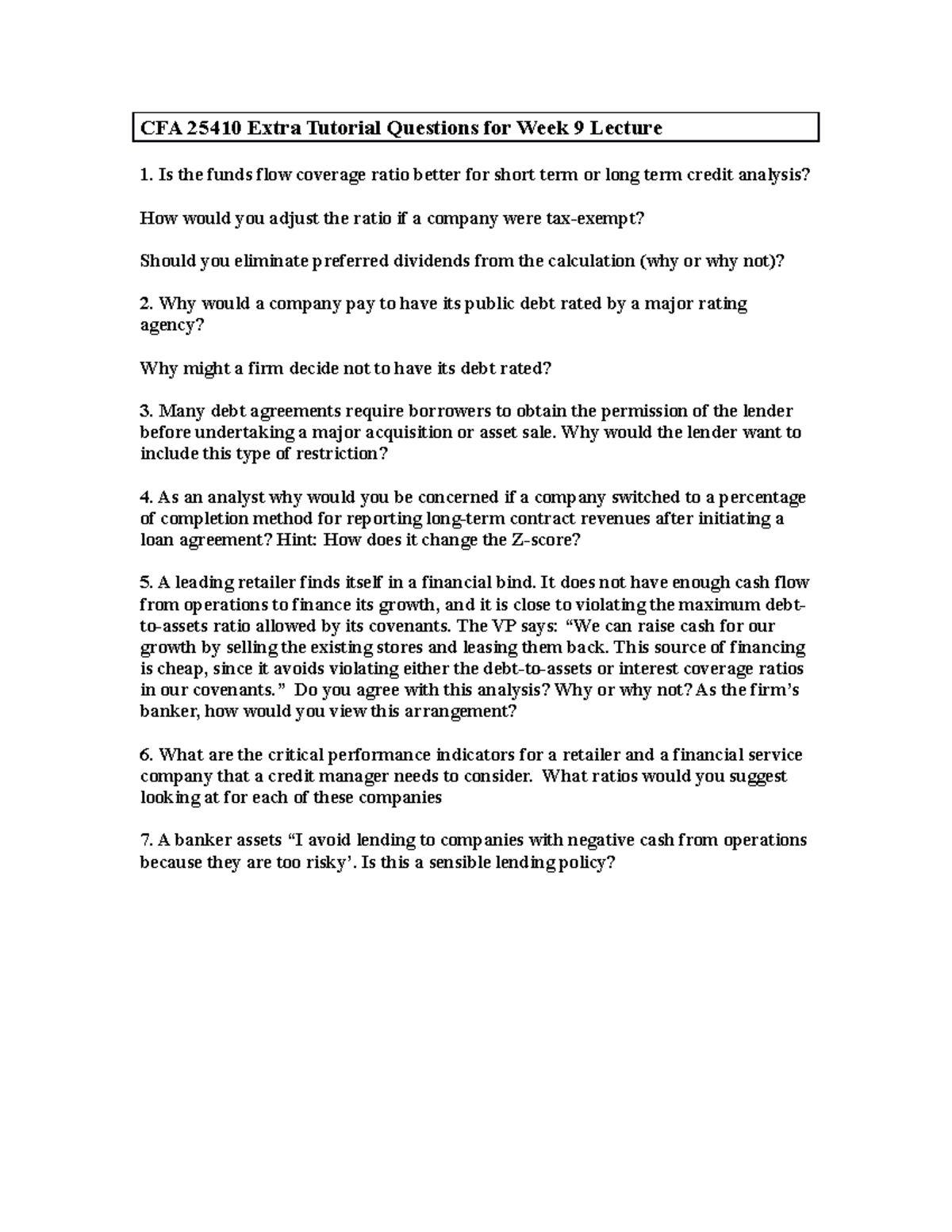 25410 CFA extratutorial Questions W9 Credit Judgement lecture - CFA 25410 Extra Tutorial ...