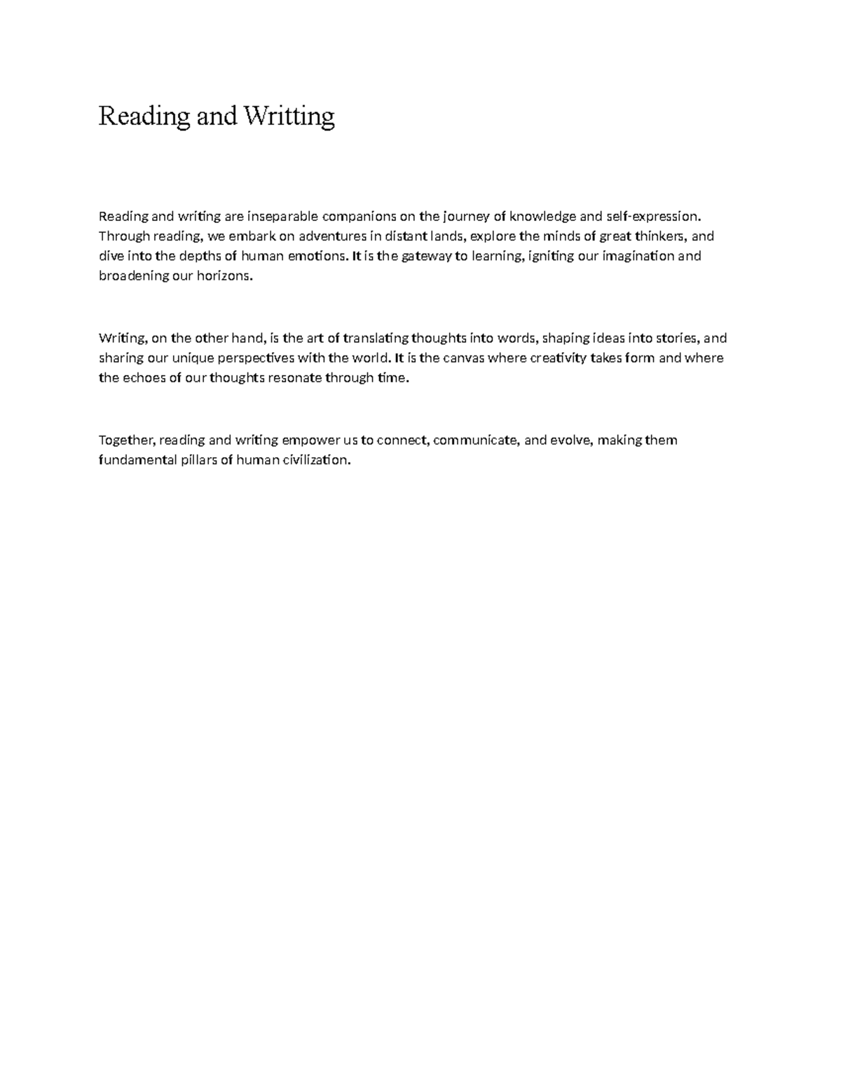 Reading and Writting - Reading and Writting Reading and writing are ...