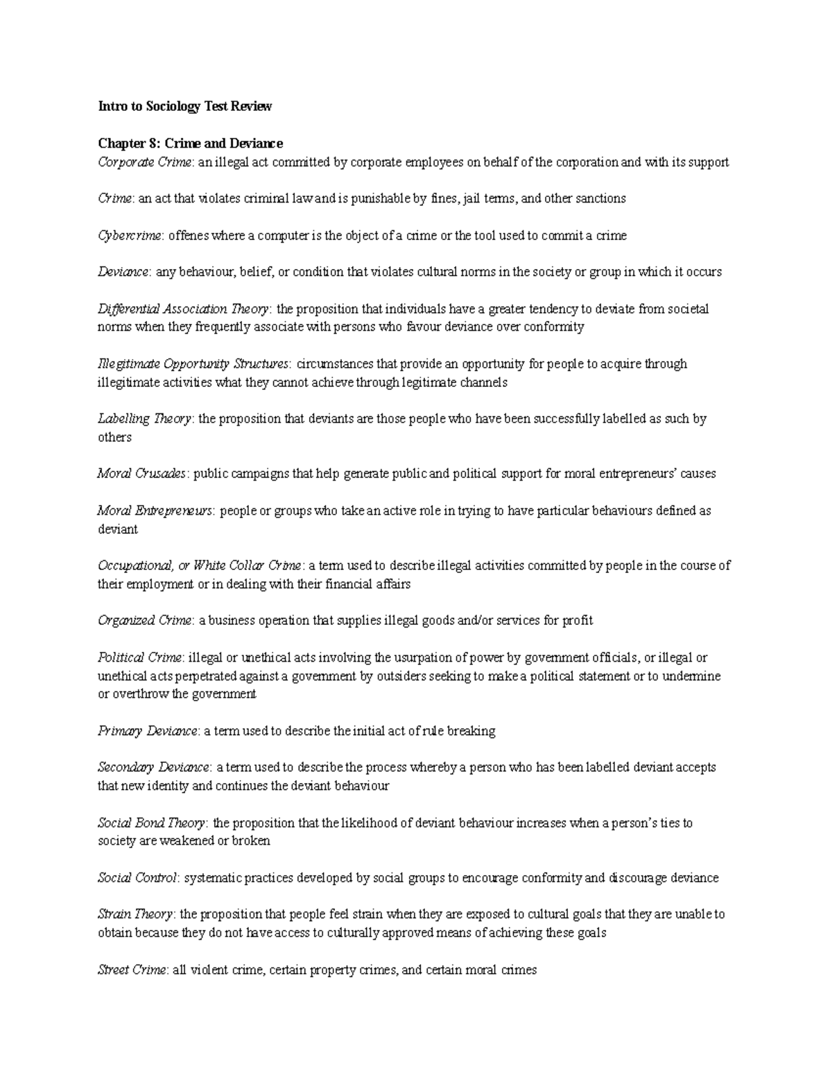 Intro to Sociology Test Review - Intro to Sociology Test Review Chapter ...