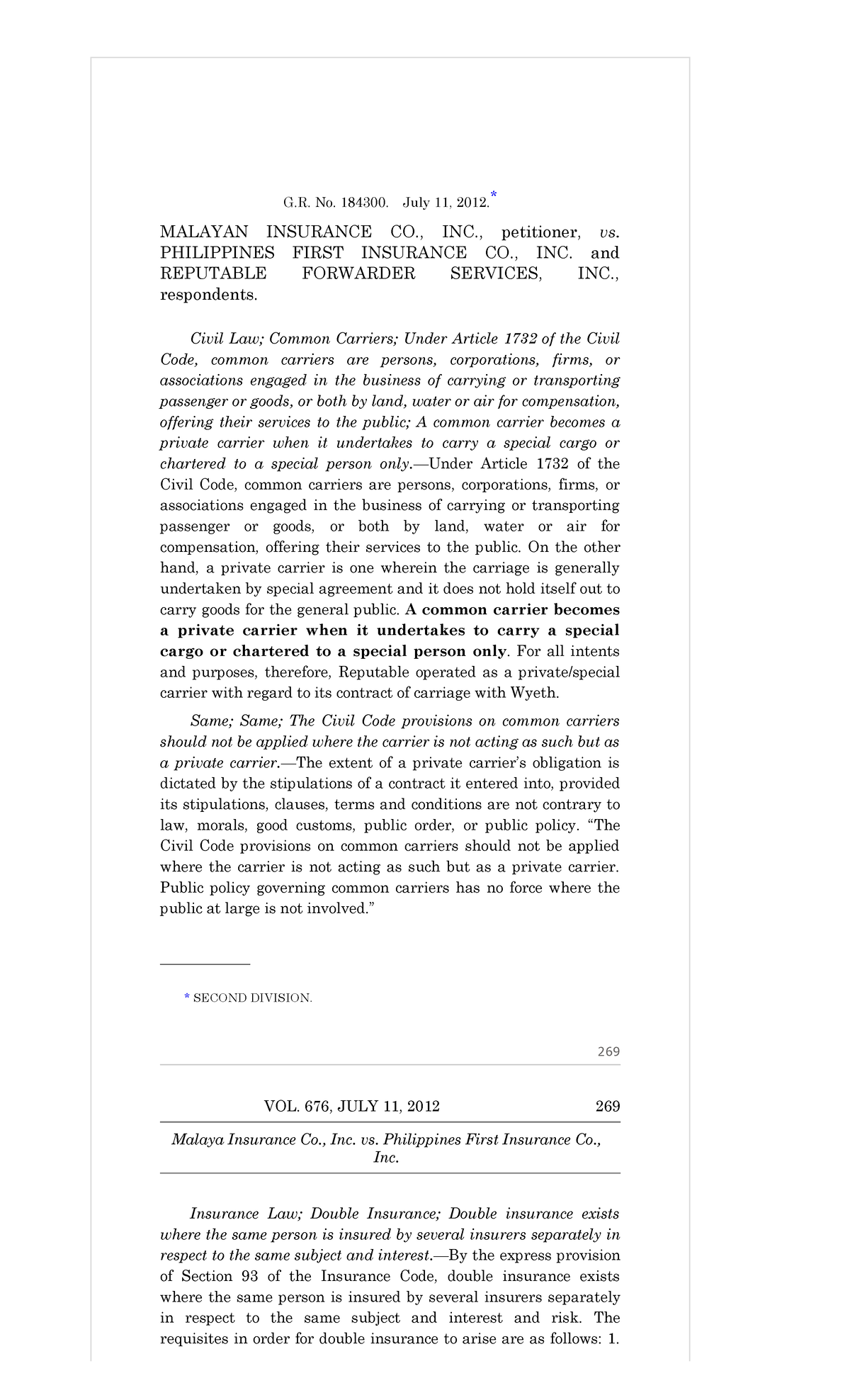 Malaya Insurance Co., Inc. vs. Philippines First Insurance Co., Inc - G ...