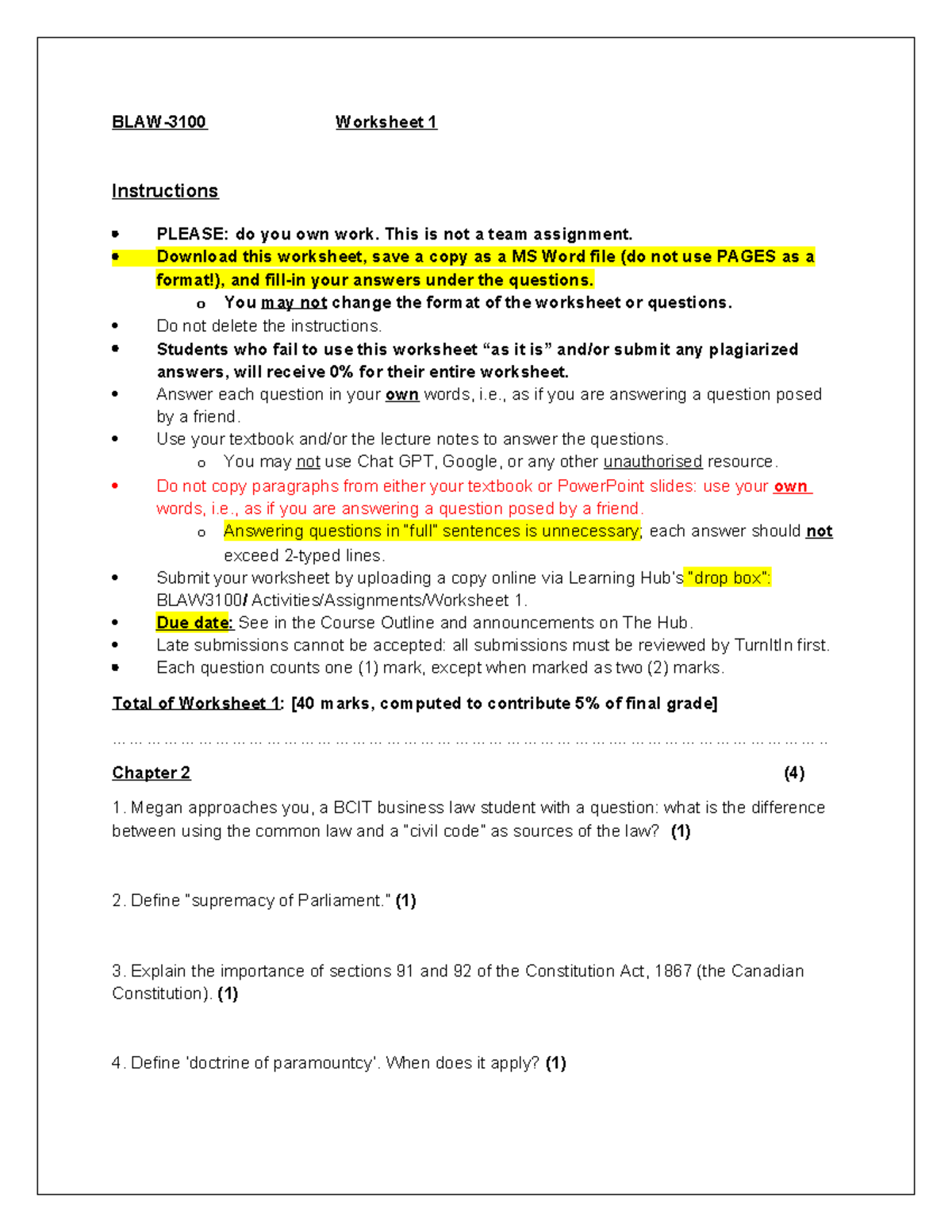 BLAW 3100 Worksheet 1 - i need some tips about answers - BLAW-3100 ...