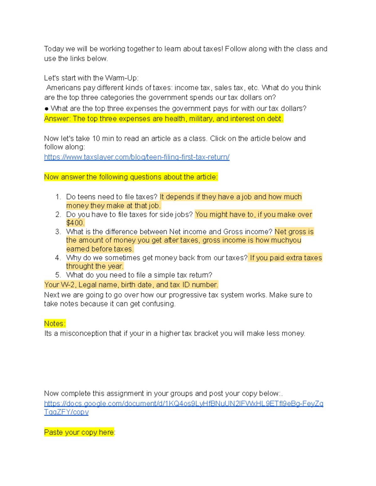 Copy of Unit 2 Day 2 Taxes 101 - Today we will be working together to ...