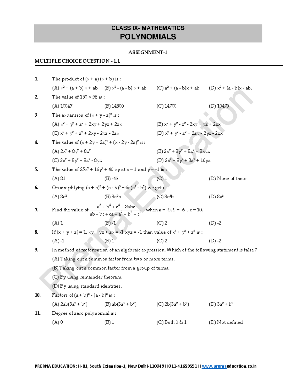 Math Polynomials Assignment 1 - PRERNA EDUCATION: H-81, South Extension-1, New Delhi-110049 II ...