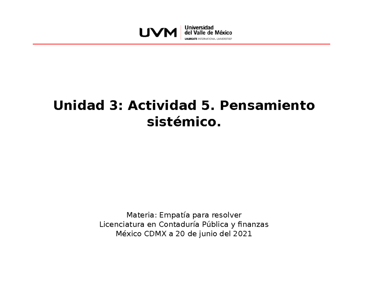 Unidad 3 Actividad 5. Pensamiento sistémico - Empatia para resolver - UVM - Studocu