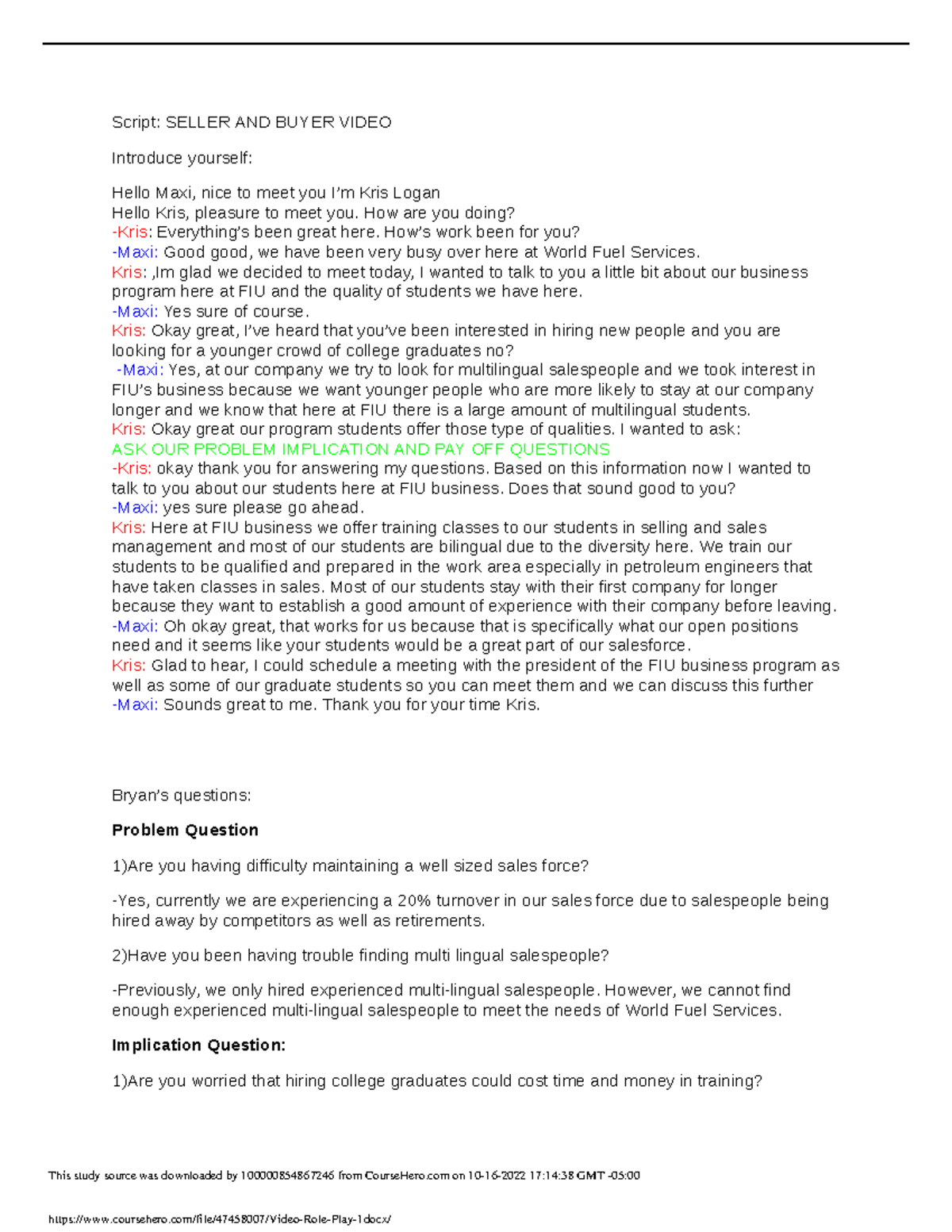 Video Role Play 1 - role play - Script: SELLER AND BUYER VIDEO ...